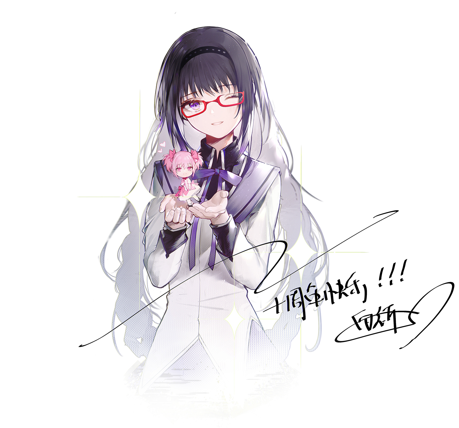 Safebooru - 2girls ;d akemi homura bai qi-qsr bangs black hair black hairband bow braid bubble ...