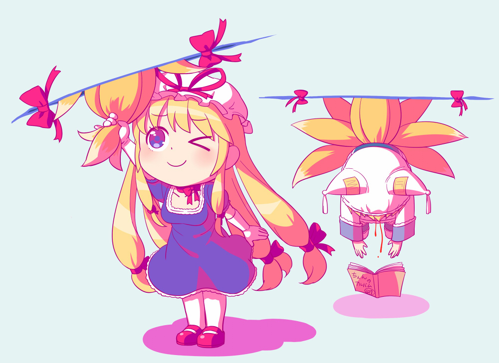 Safebooru - 2girls bangs blonde hair blood bow chibi closed mouth ...