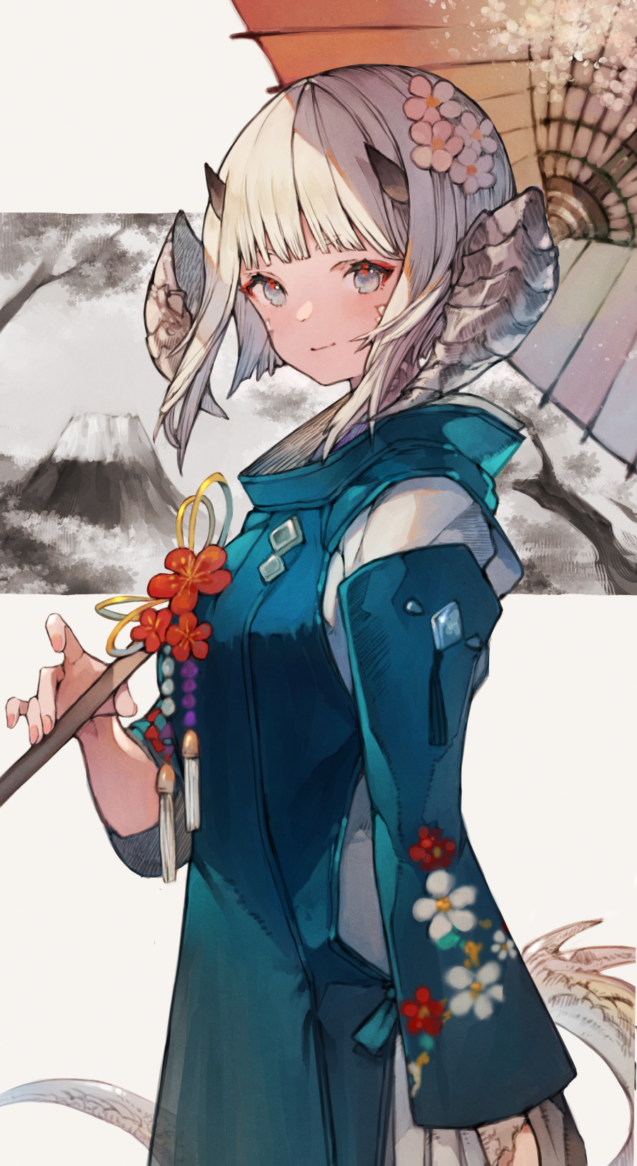 Safebooru - 1girl arm at side au ra avatar (ff14) bangs blonde hair blue coat blue eyes blunt ...