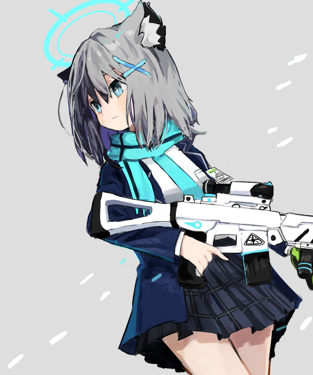 Safebooru - 1girl animal ear fluff animal ears aqua eyes aqua scarf assault rifle blue archive ...