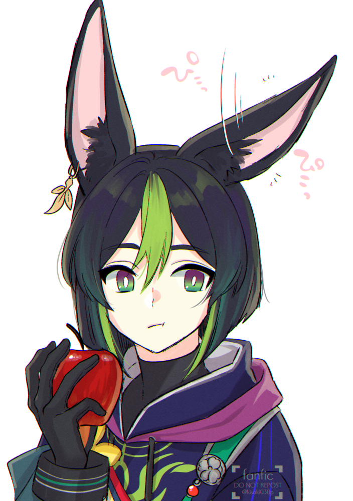 Safebooru - animal ears apple black gloves black hair closed mouth earrings food fox boy fox ...