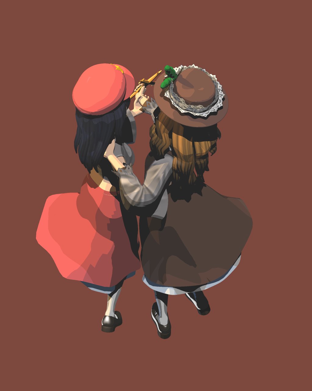 Safebooru - 2girls black footwear breasts brown background brown dress ...