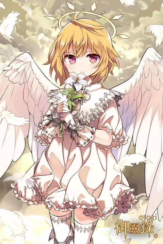 Safebooru - 1girl angel angel wings blonde hair closed mouth dress feathers flower gabriel ...