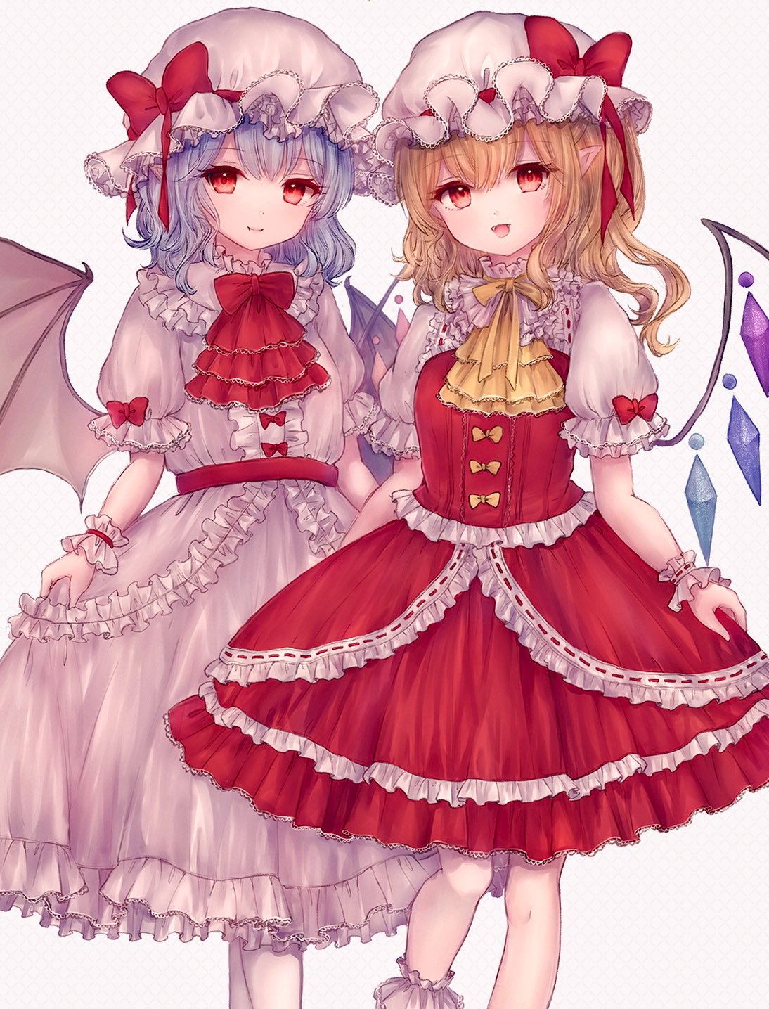 Safebooru - 2girls :d ascot bangs bat wings bebitera blonde hair blue hair bow closed mouth ...