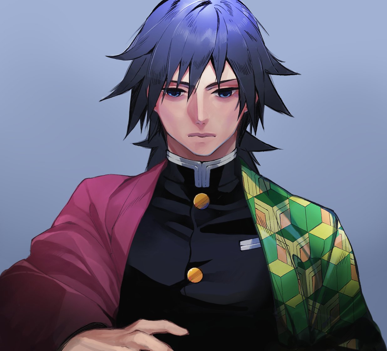 Safebooru - 1boy bangs black hair black jacket blue background blue eyes blue hair buttons demon ...