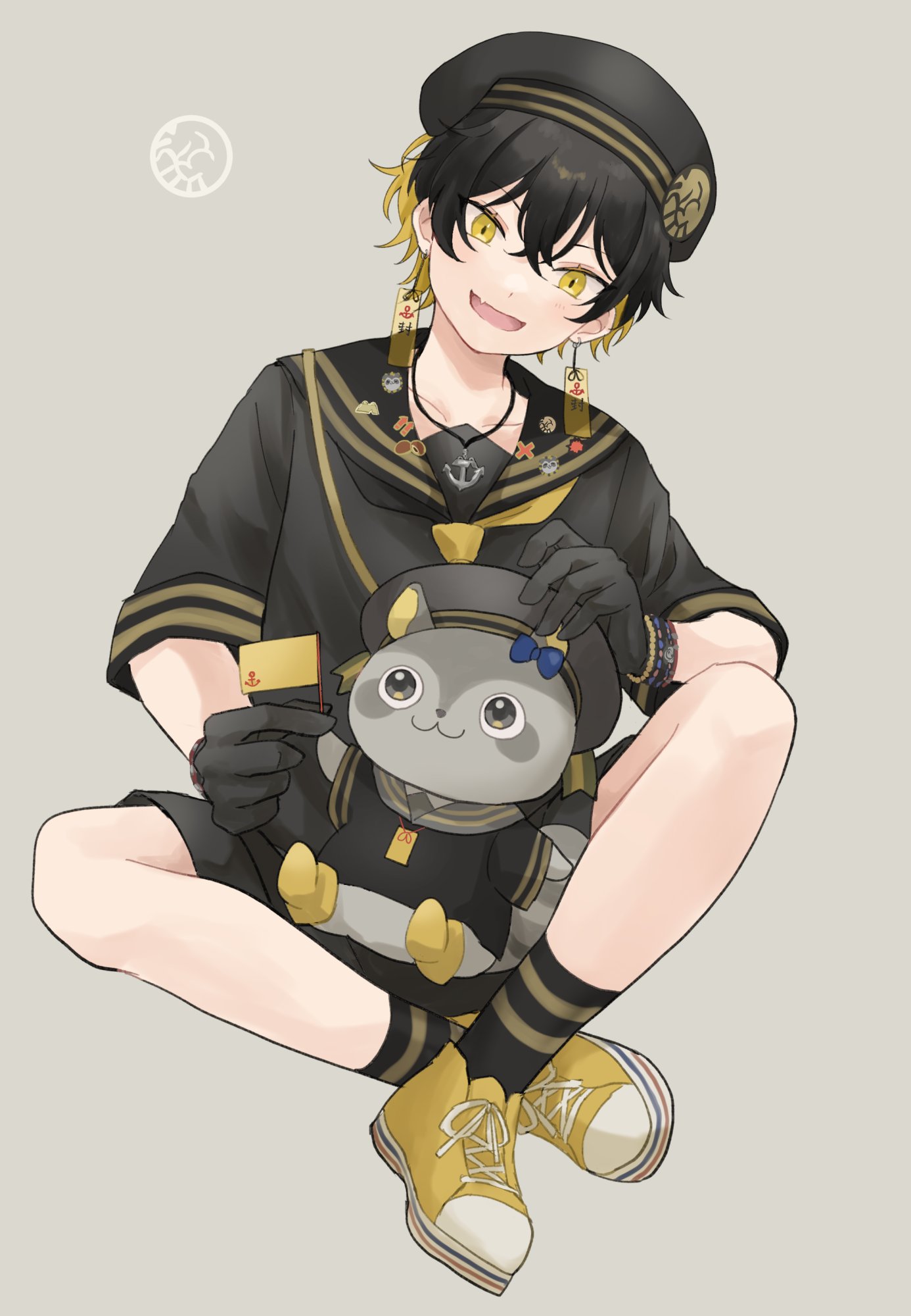 Safebooru - 1boy :d anchor necklace animal bangs beret black gloves black hair black headwear ...