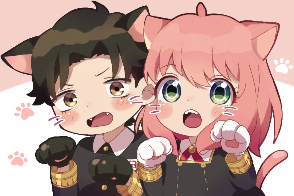 Safebooru - 1boy 1girl animal ears animal hands anya (spy x family) bangs black dress cat ears ...
