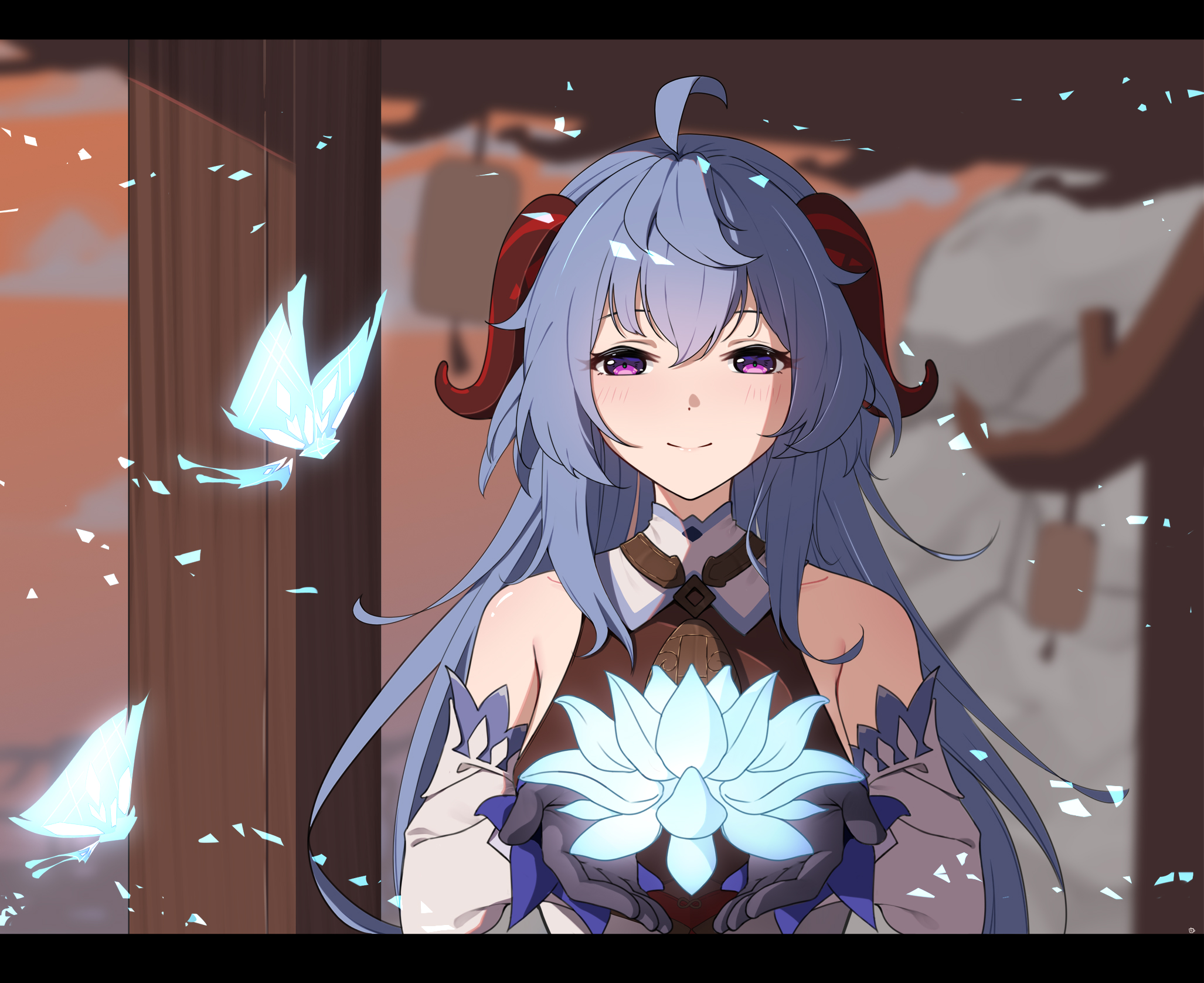 Safebooru - 1girl ahoge bangs bare shoulders bell black gloves blue flower blue hair blush bug ...