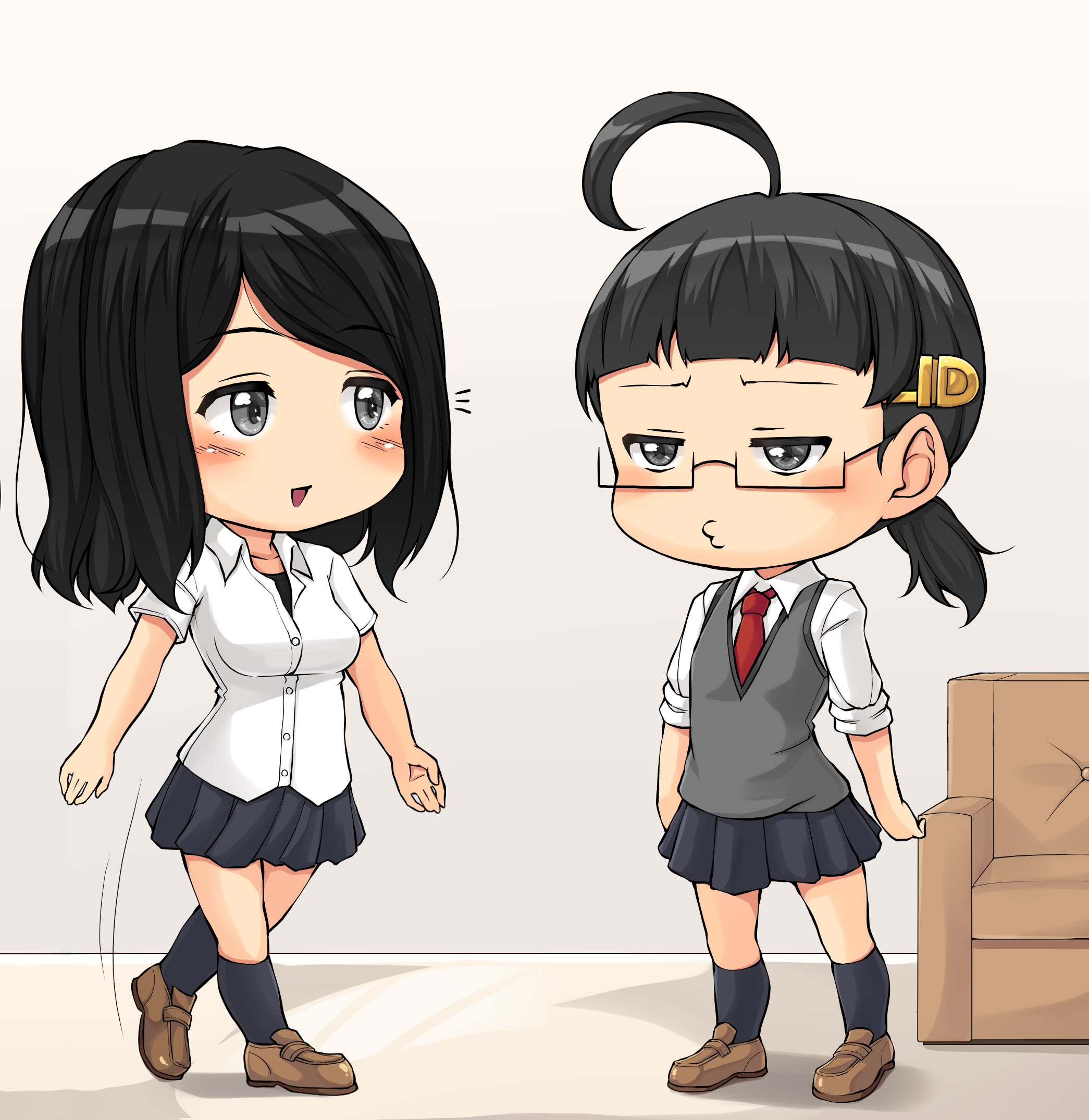 Safebooru - 2girls ahoge bangs black-framed eyewear black eyes black hair black skirt black ...