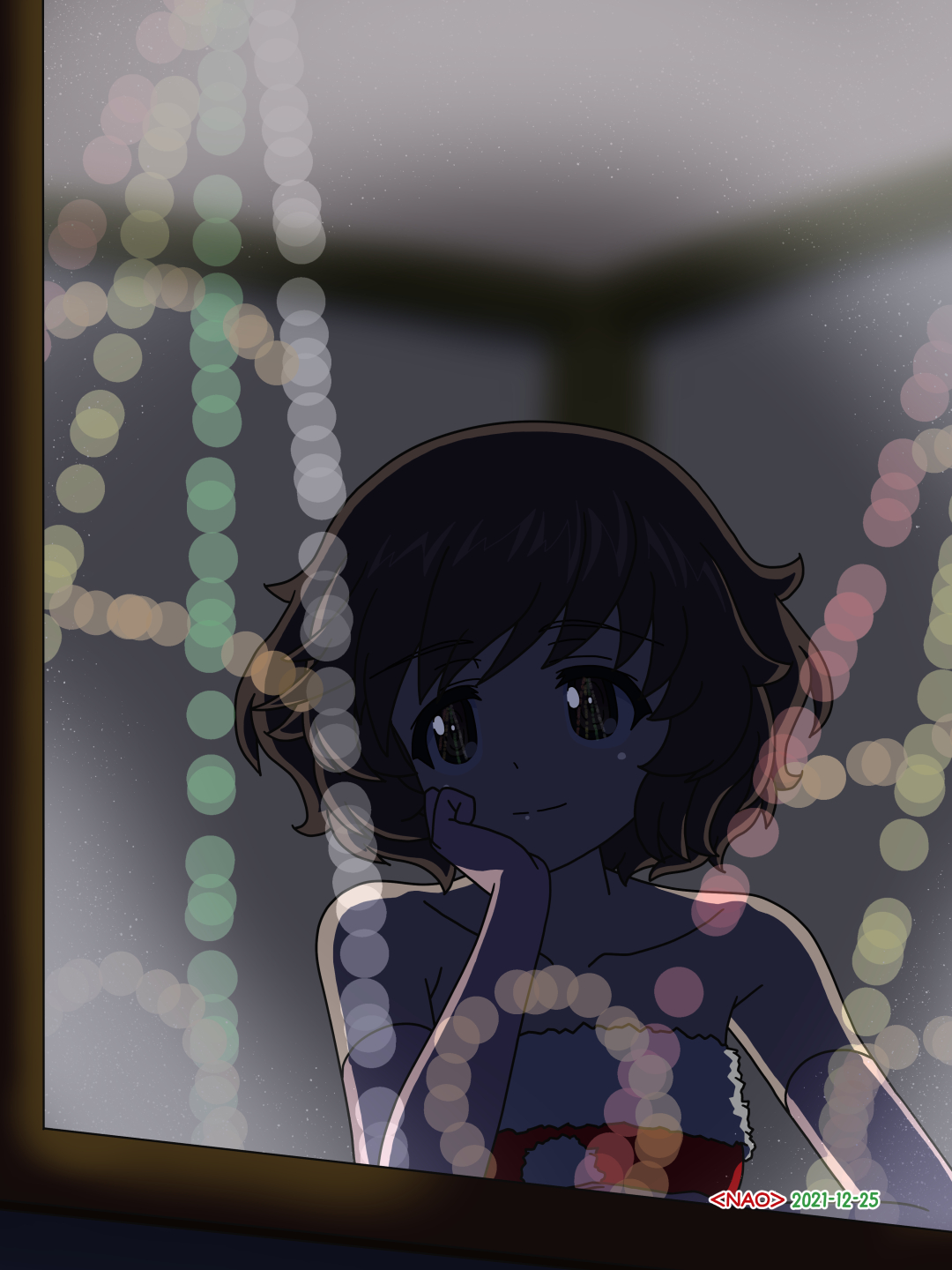 Safebooru - 1girl akiyama yukari bangs bare shoulders blurry brown eyes brown hair christmas ...