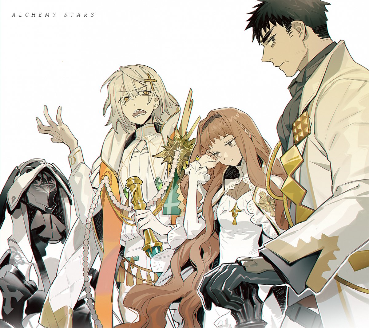 Safebooru - 1girl 1other 2boys aiguillette alchemy stars bangs black gloves black hair breasts ...