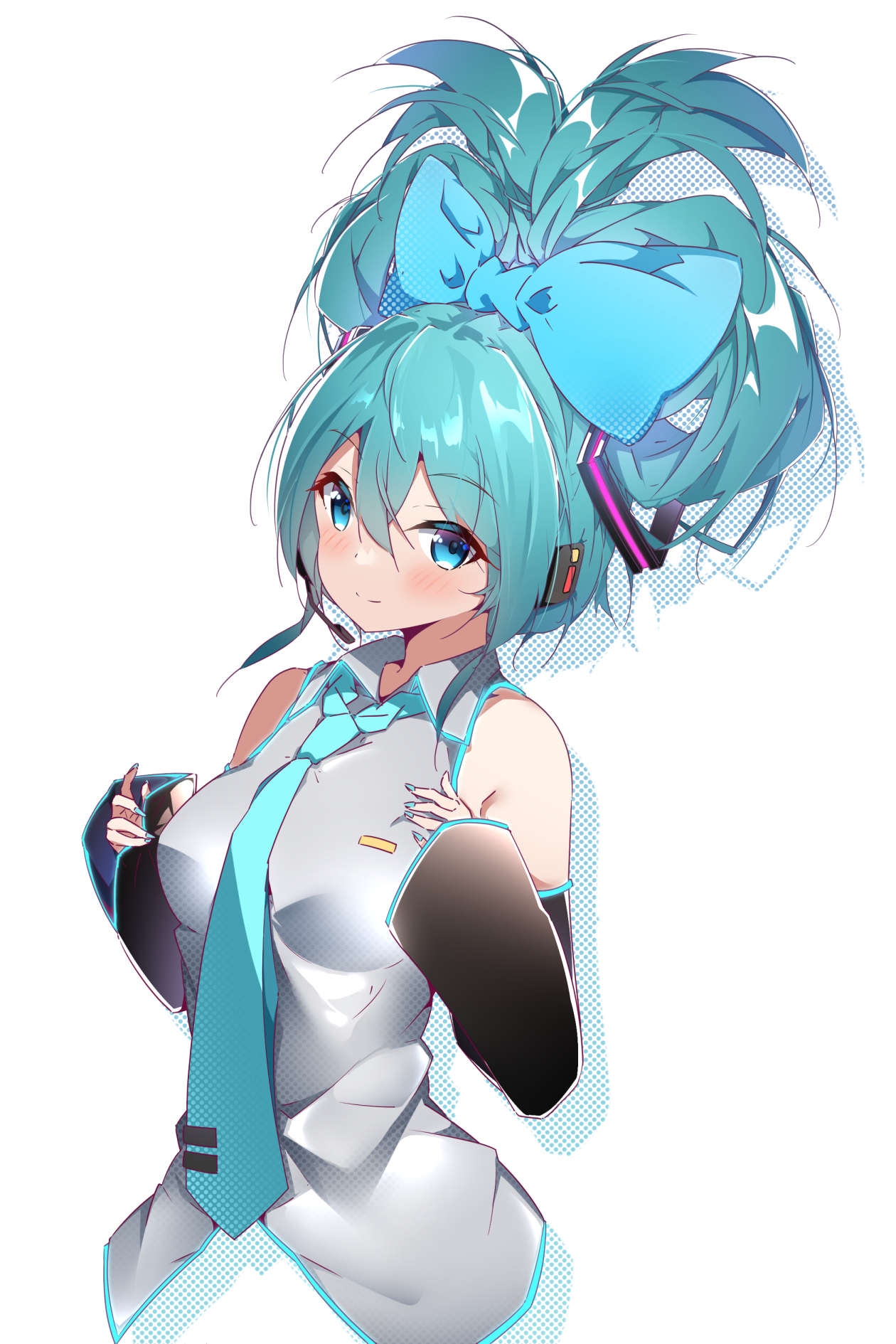 Safebooru - 1girl aqua eyes aqua hair aqua nails aqua necktie black sleeves blue bow blush bow ...