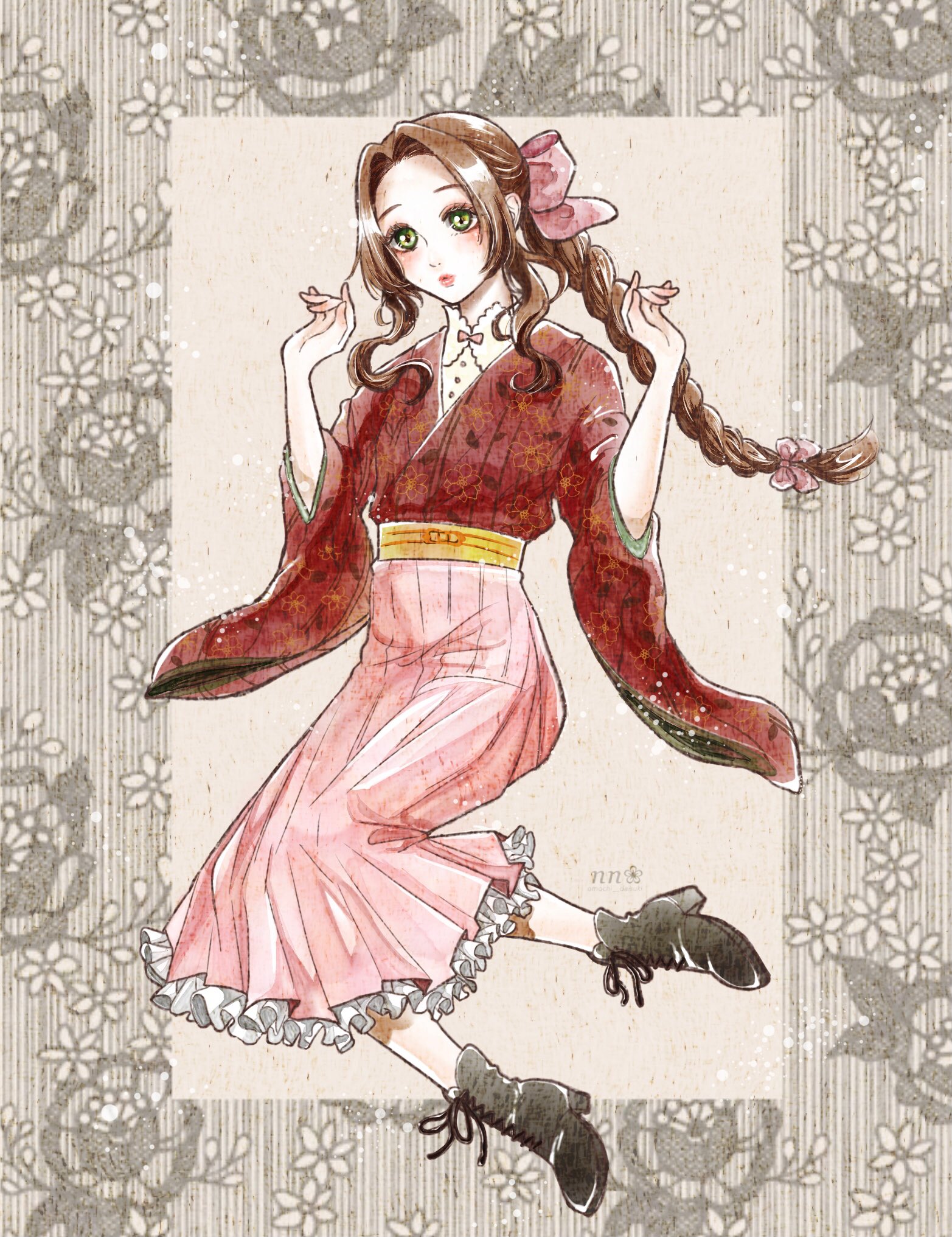 Safebooru - 1girl aerith gainsborough alternate costume bangs blush boots border braid braided ...