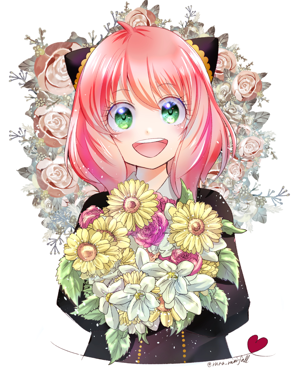 Safebooru - 1girl :d ahoge anya (spy x family) bangs black dress bouquet bun cover cropped torso ...