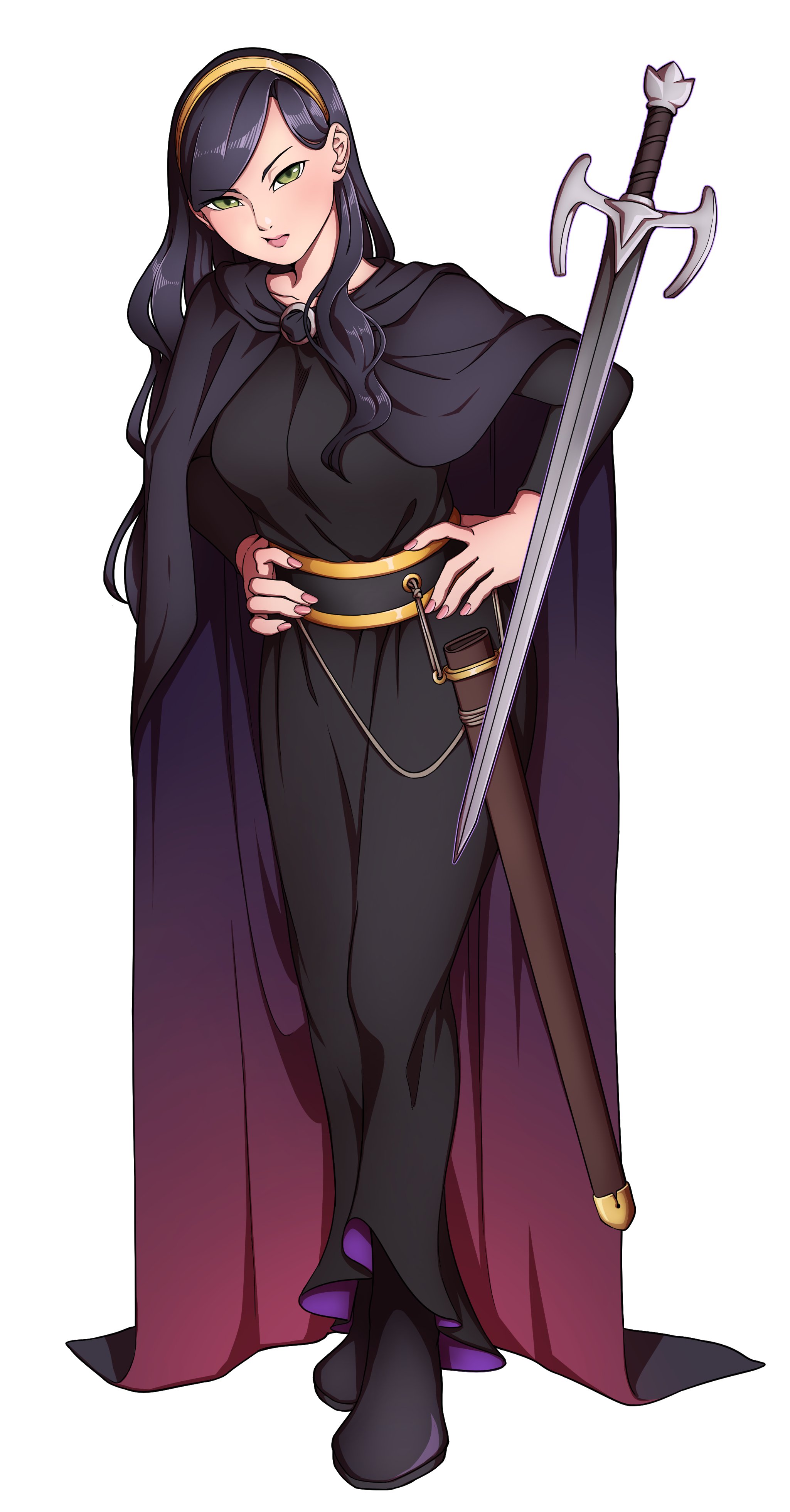 Safebooru - 1girl absurdres black cape black dress black hair breasts cape commentary commission ...
