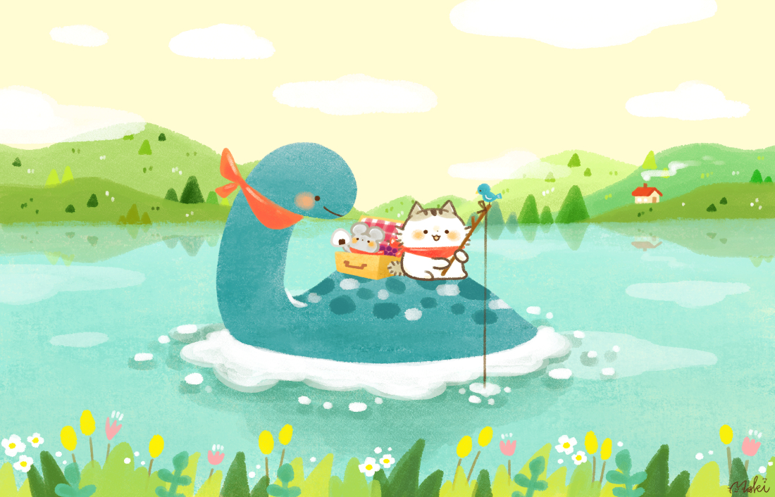 Safebooru - animal bandana cat chara chara makiato dinosaur fishing ...