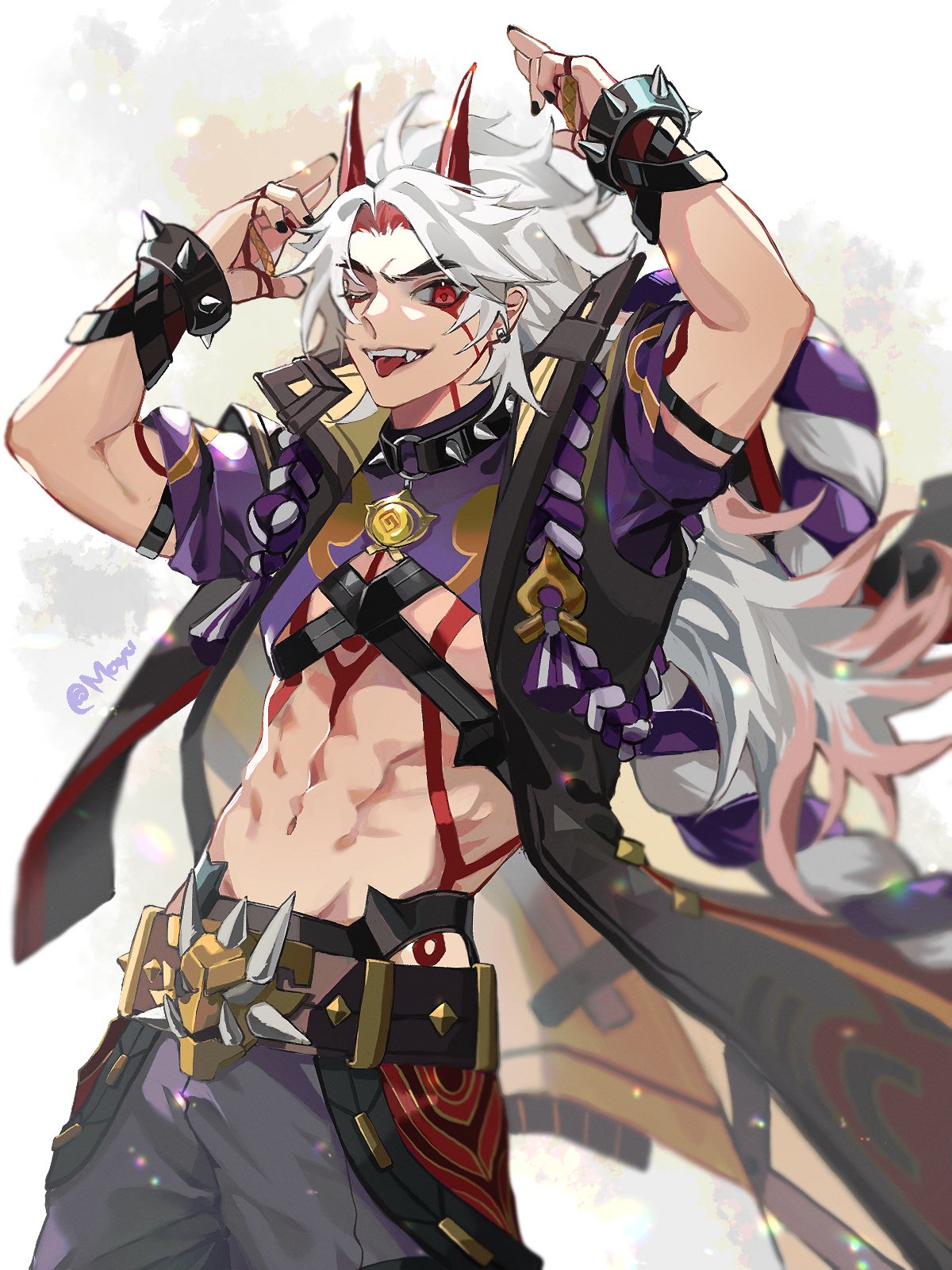 Safebooru - 1boy abs arataki itto arms up artist name bangs belt belt ...