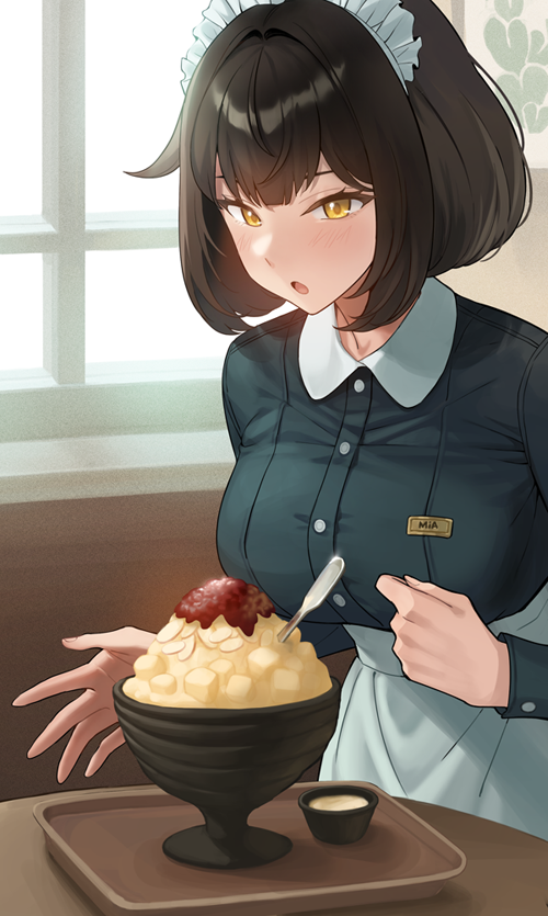 Safebooru - 1girl :o apron banned artist breasts brown hair dated commentary food indoors ...