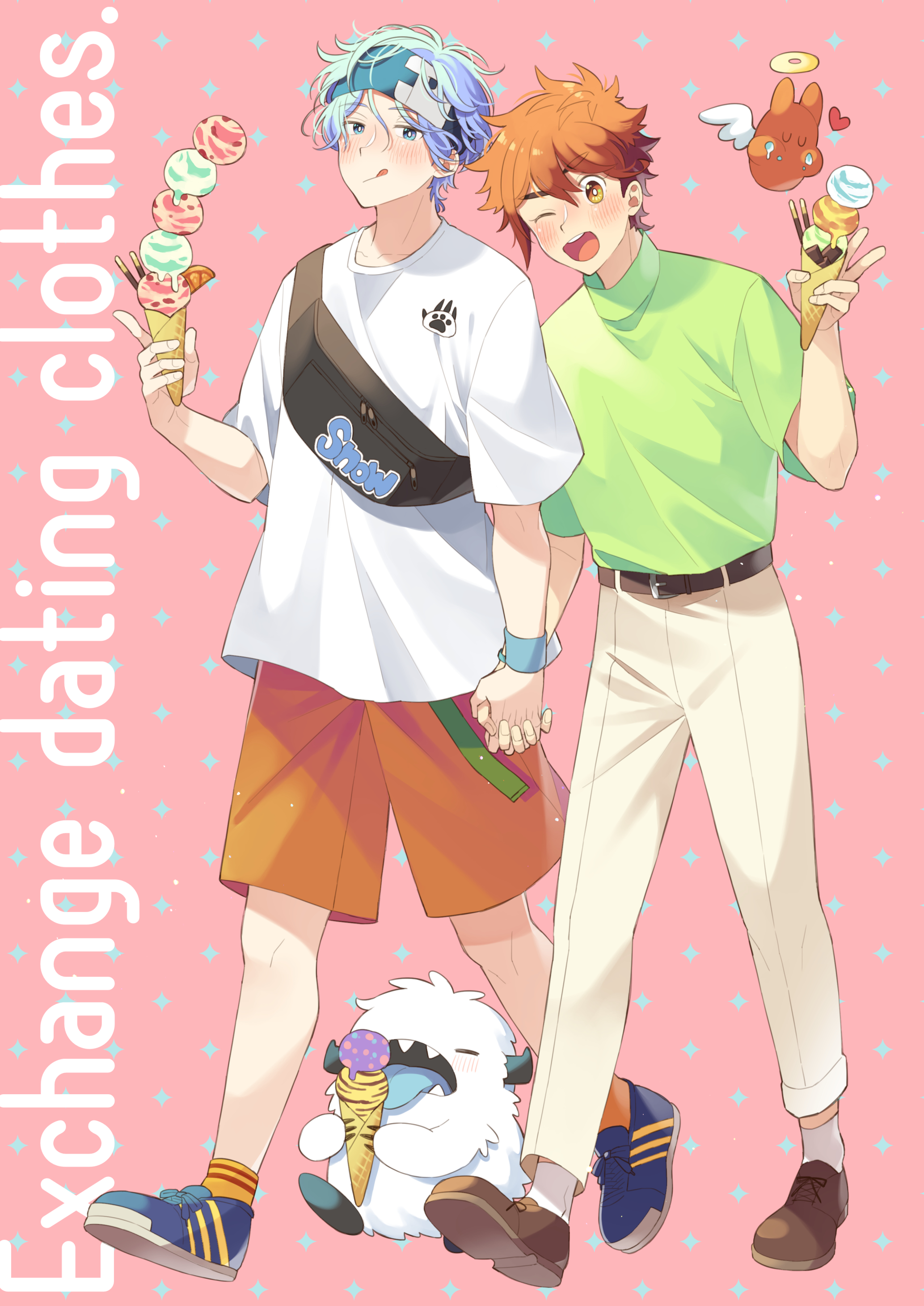 Safebooru - 2boys absurdres animal belt blue eyes blue hair english ...