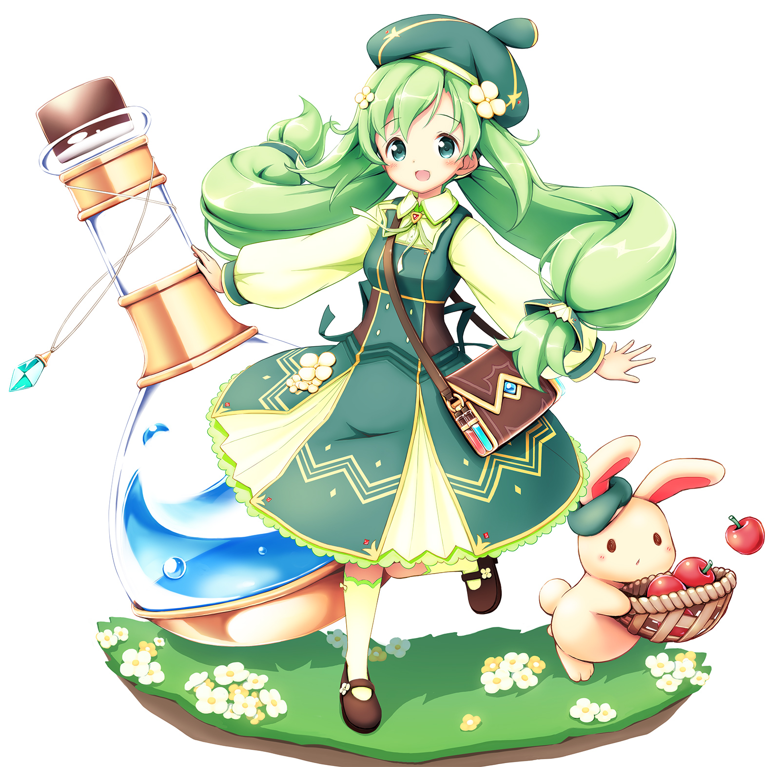 Safebooru - 1girl :d aikei ake animal apron basket beret blush brown ...