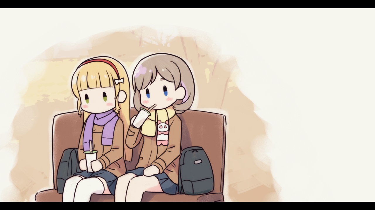 Safebooru - 2girls backpack bag black skirt blonde hair blue eyes blush bow brown hair brown ...