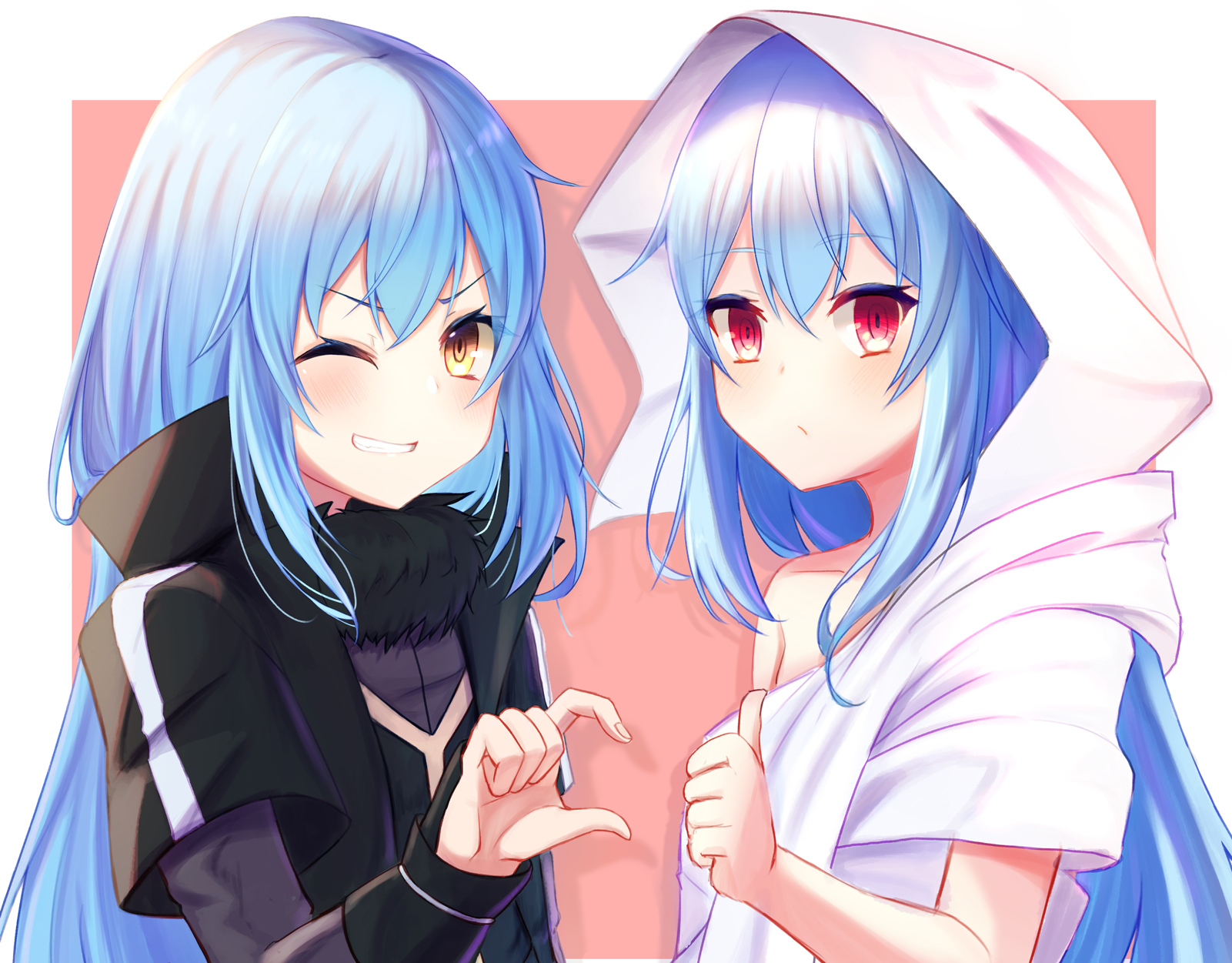Safebooru - 2others blue hair border closed mouth grin highres hood ...