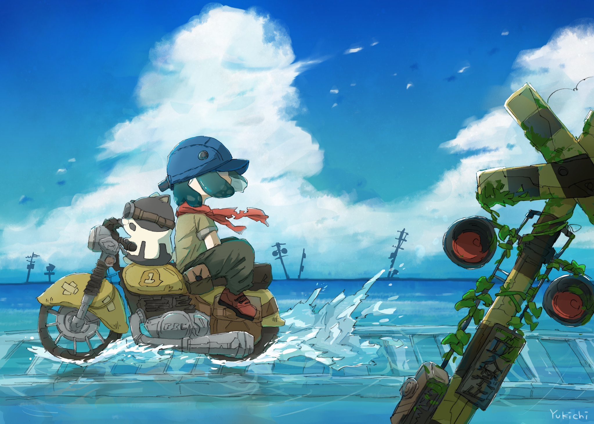 Safebooru - 1girl aqua hair blue headwear blue sky clouds cloudy sky ...