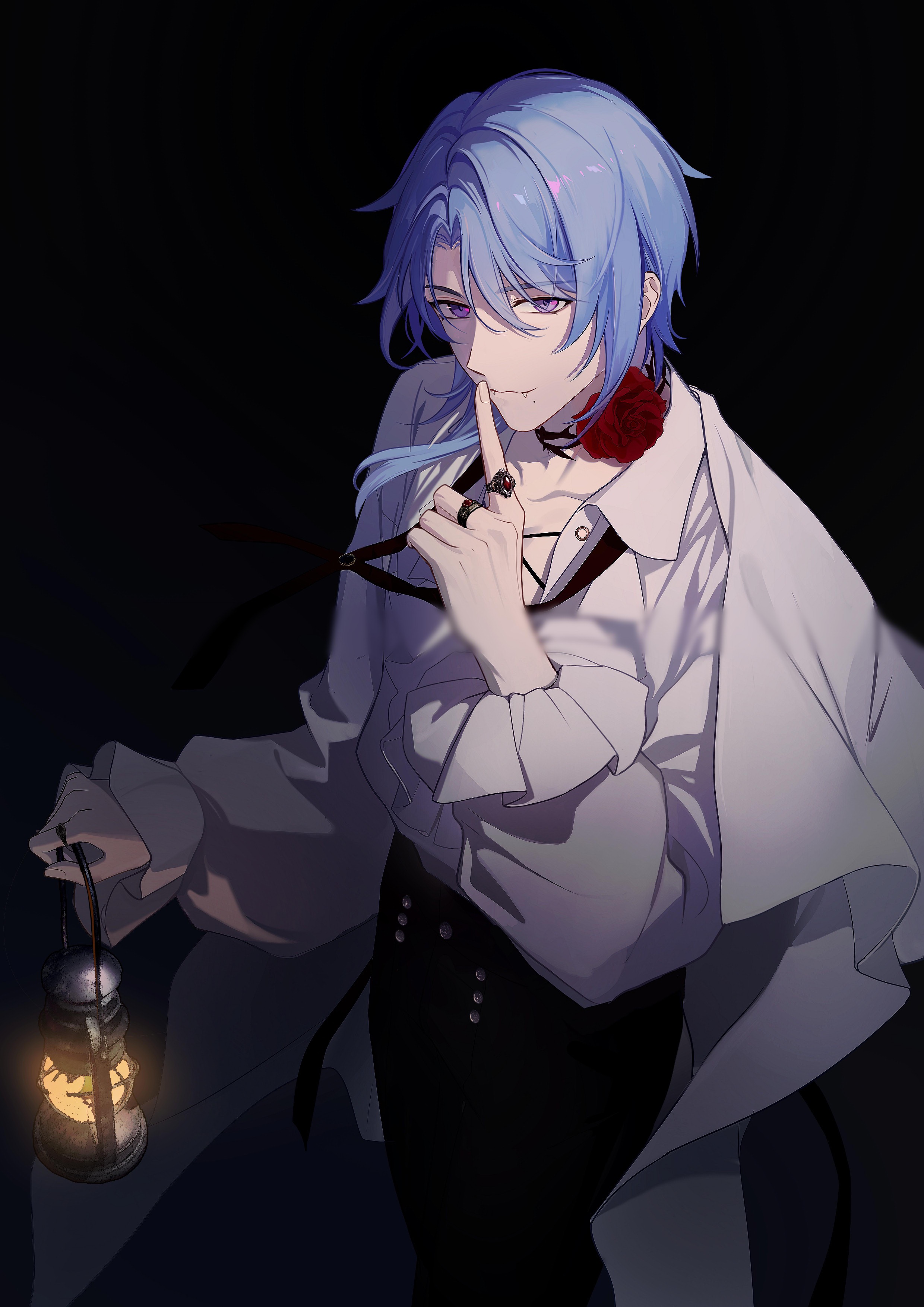 Safebooru - 1boy absurdres alternate costume bangs black background black pants blue hair ...