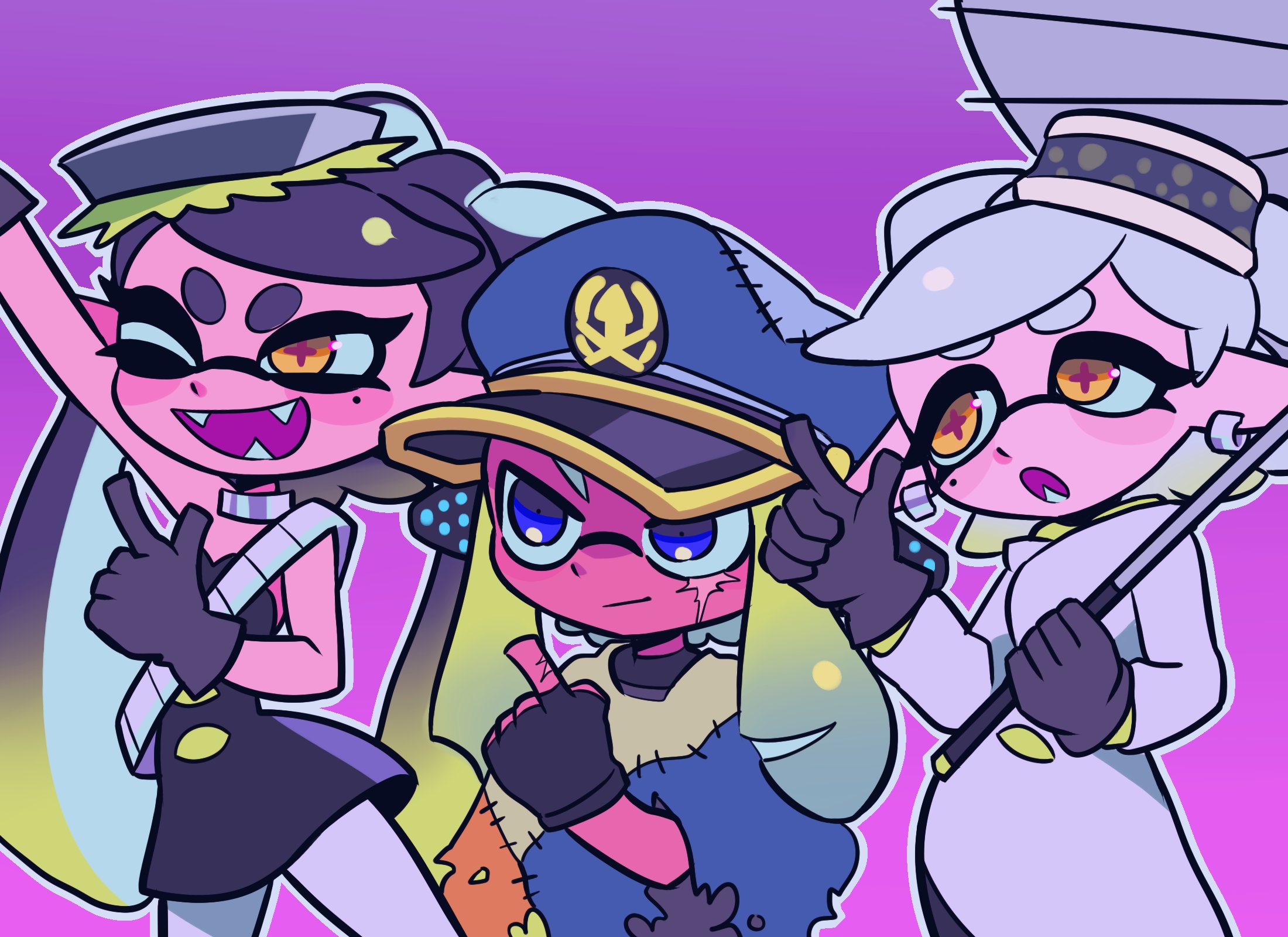 Safebooru - 3girls ;d agent 3 (splatoon) black dress black gloves blue ...