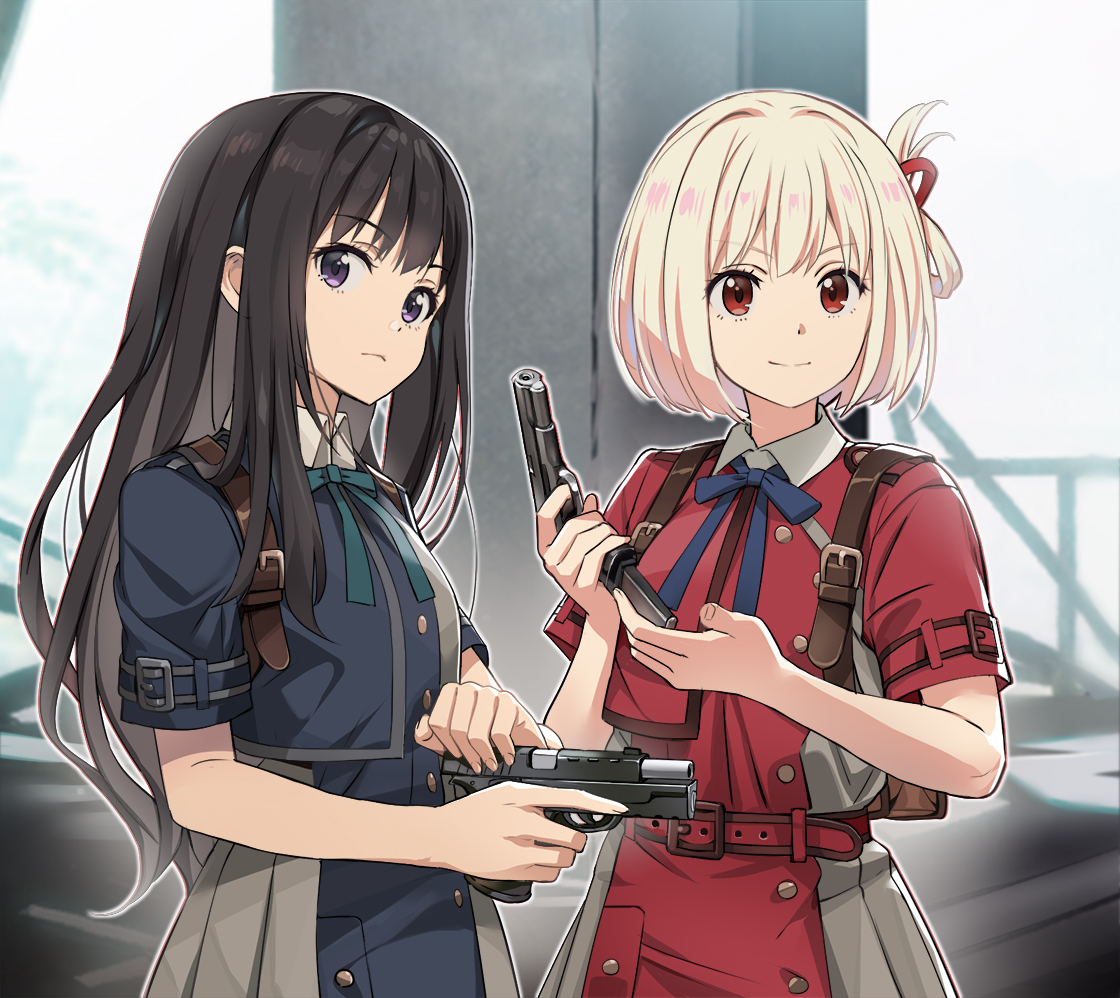 Safebooru - 2girls bangs belt black hair blonde hair blue dress blue ribbon closed mouth dress ...