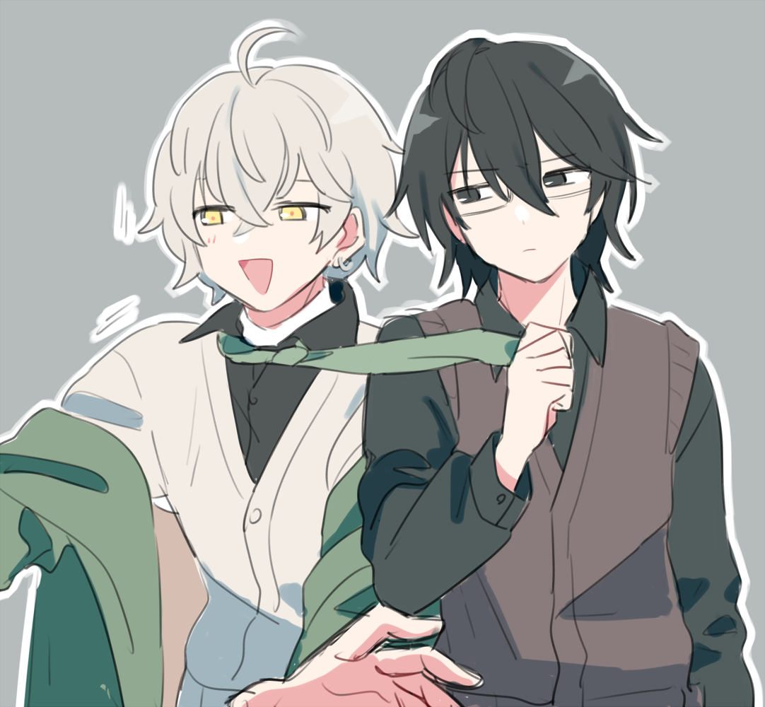 Safebooru - 2boys annoyed black eyes black hair closed mouth earrings glasses grey background ...