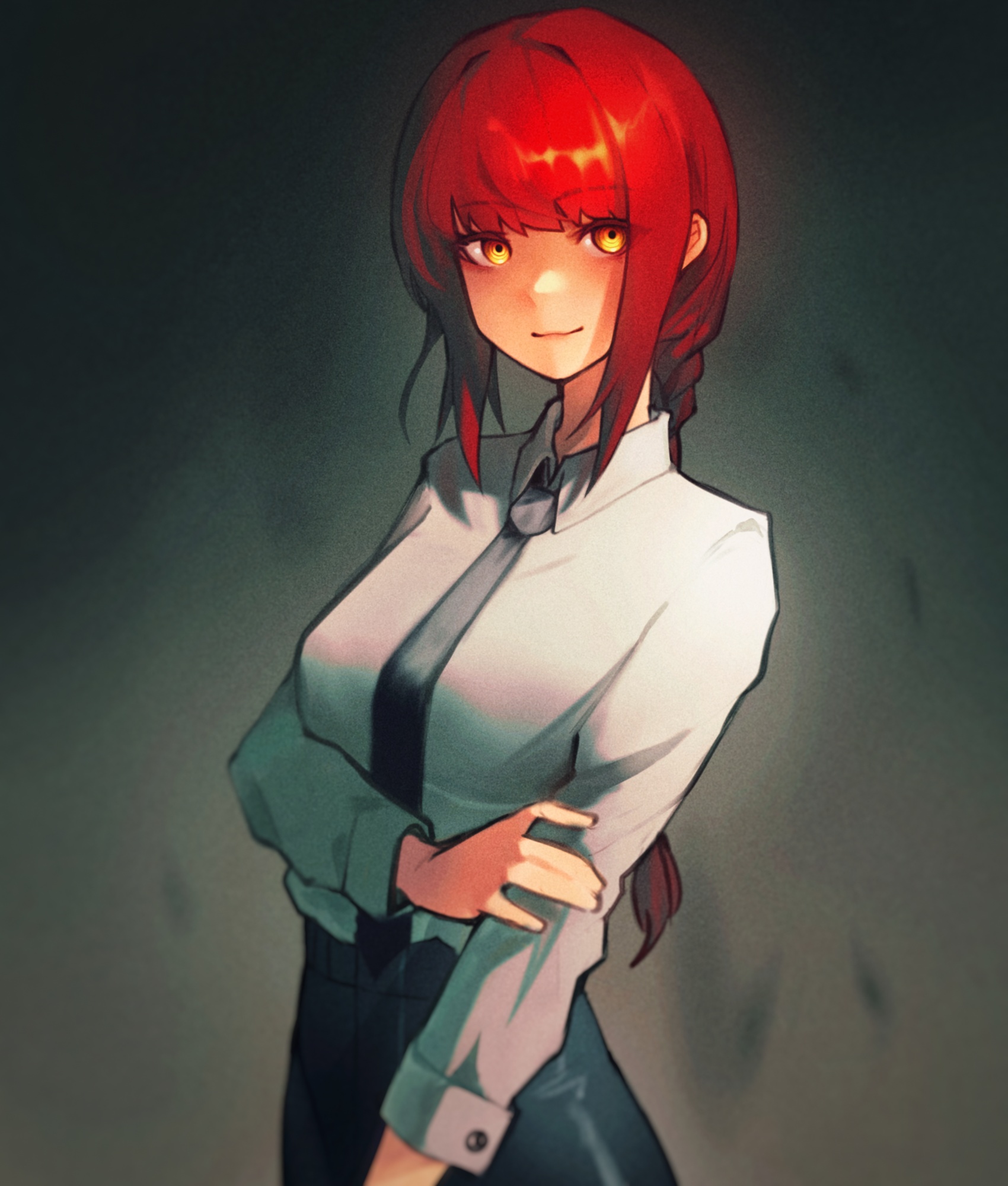 Safebooru - 1girl black necktie braid braided ponytail chainsaw man collared shirt dark ...