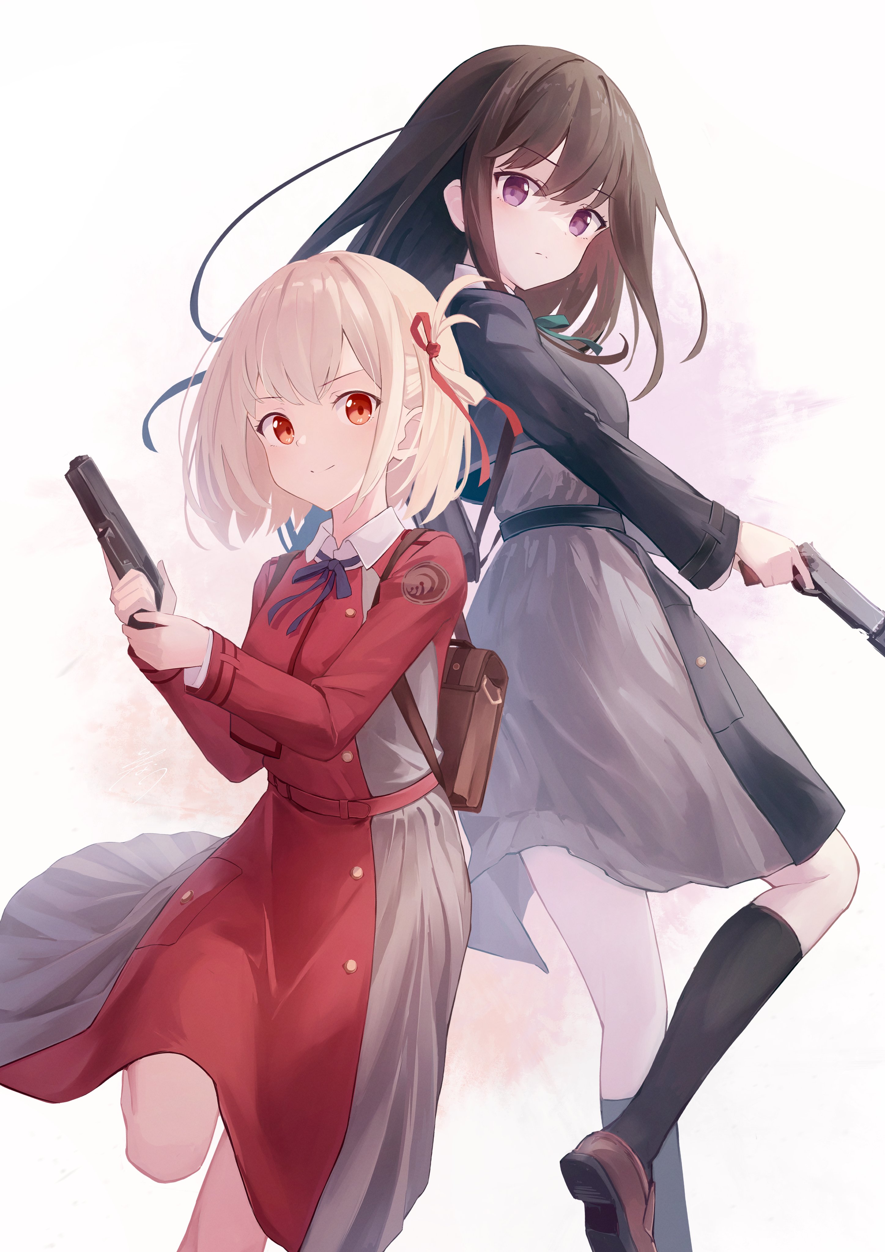 Safebooru - 2girls absurdres bangs belt black hair blonde hair blue belt blue dress blush bob ...