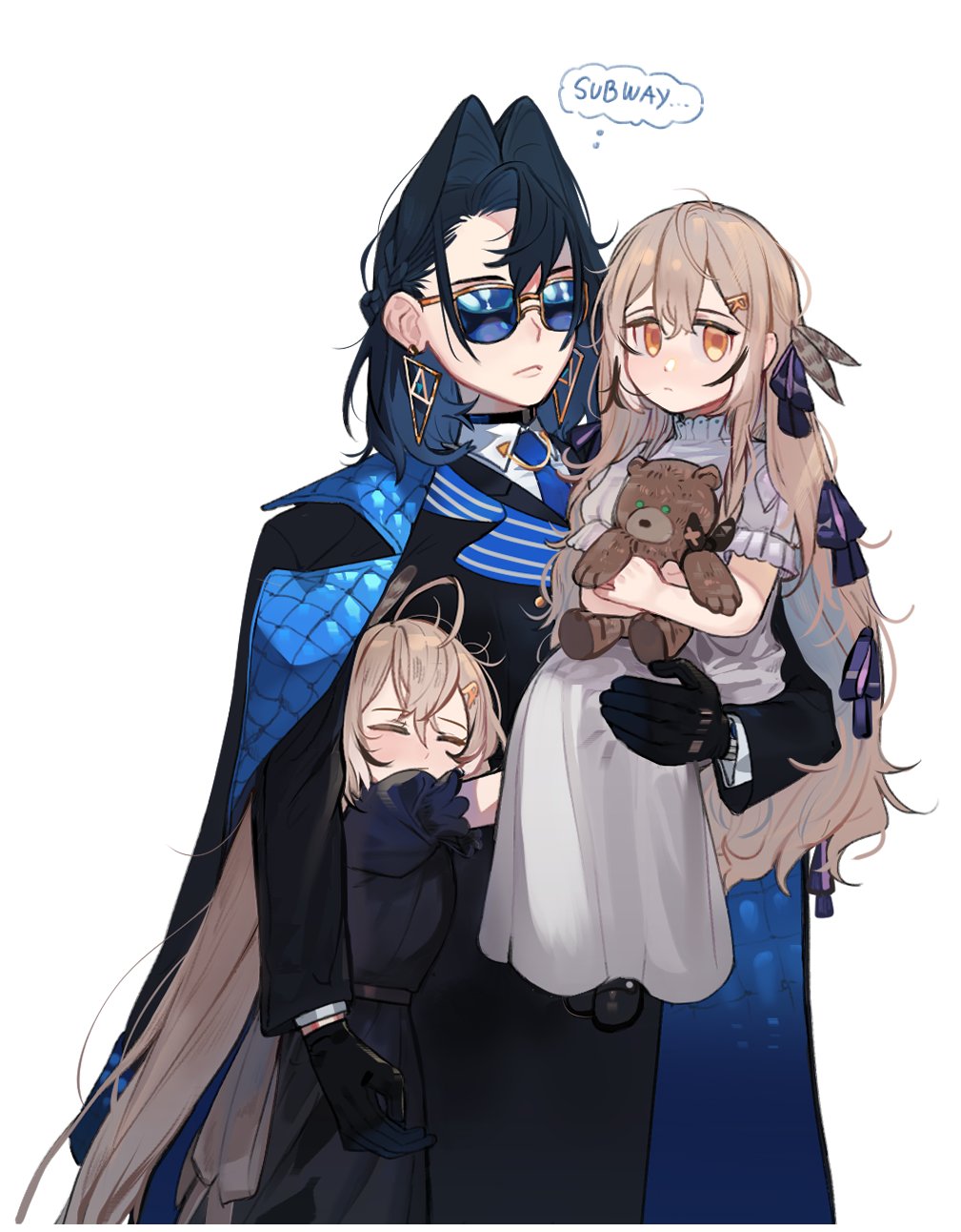 Safebooru - bangs black dress black suit blue hair brown hair child dress earrings eus ing ...