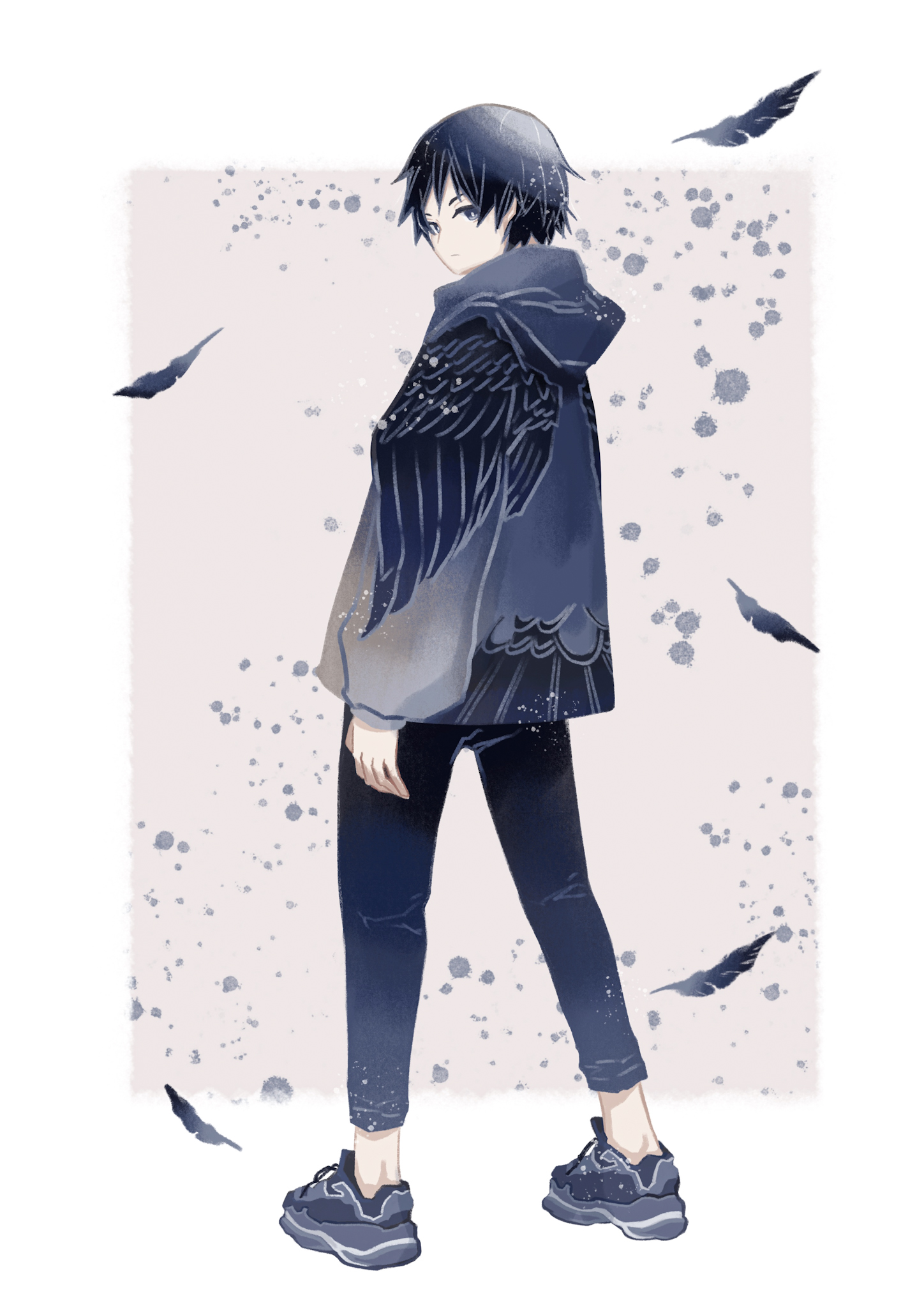 Safebooru 1boy Bangs Black Eyes Black Hair Falling Feathers From 0097