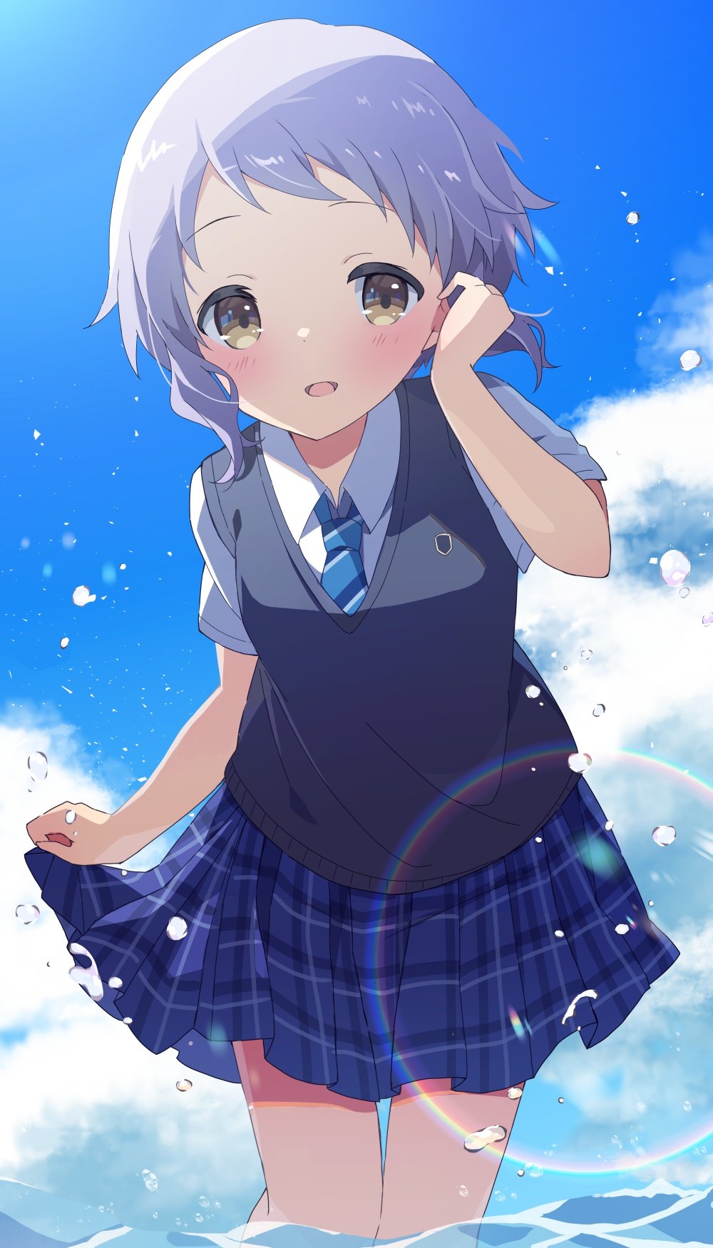 Safebooru - 1girl adjusting hair bangs blue necktie blue skirt blue sky blue vest blush breasts ...