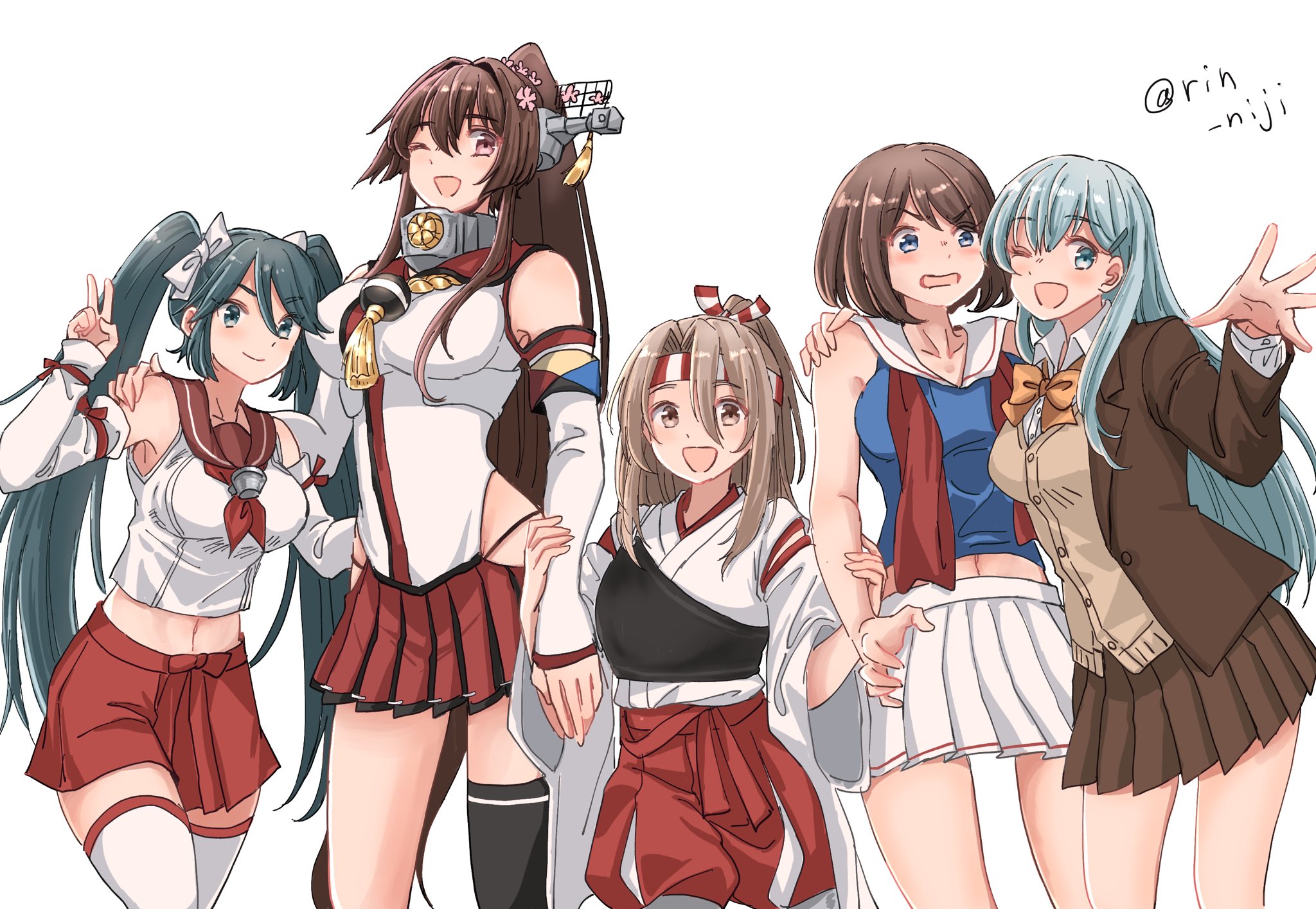 Safebooru - 5girls black thighhighs blue eyes blush brown cardigan brown eyes brown hair brown ...