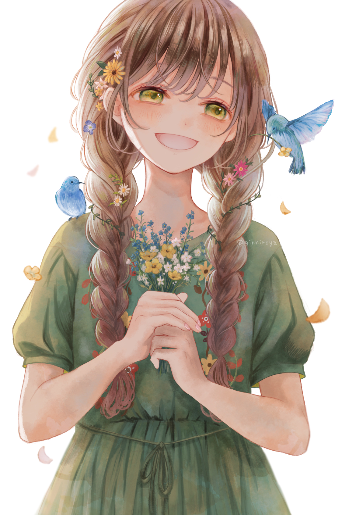 Safebooru - 1girl :d animal on shoulder bangs bird bird on shoulder blue bird blue flower blunt ...