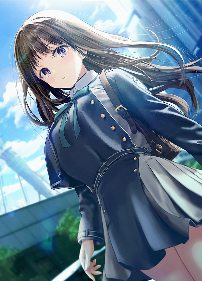 Safebooru - 1girl backpack bag black hair black jacket black skirt blue sky closed mouth clouds ...