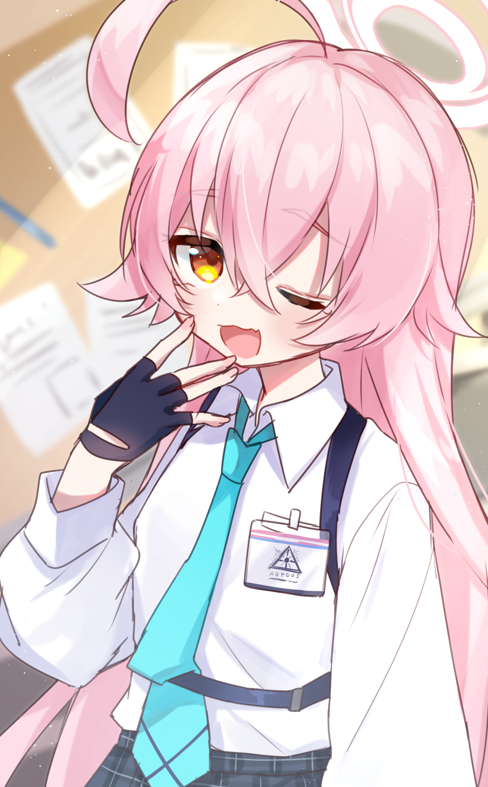 Safebooru - ;d ahoge bangs black gloves black skirt blue archive blue necktie blurry blurry ...