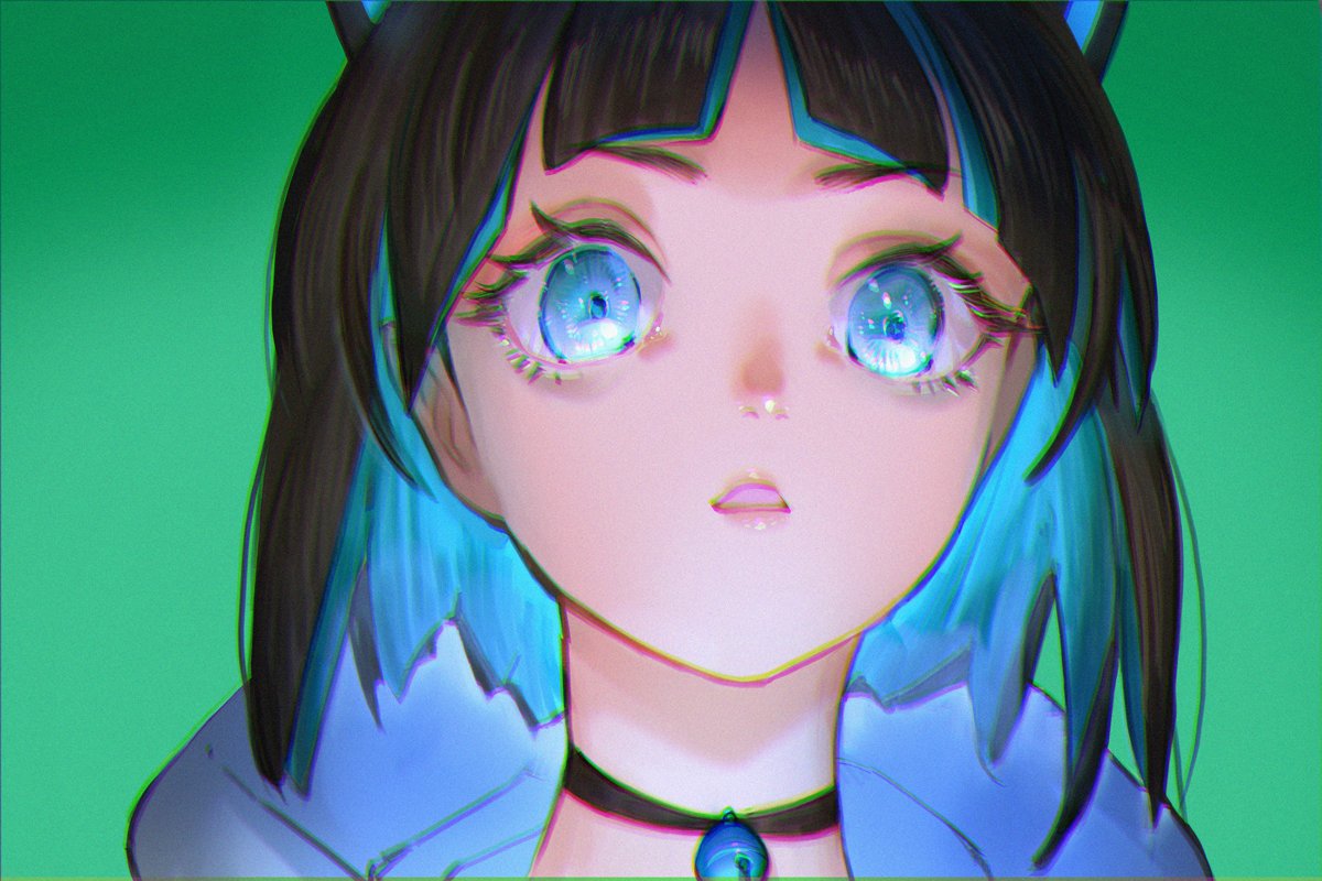 Safebooru - 1girl animal ears bell black choker blue eyes blue hair brown hair choker chromatic ...