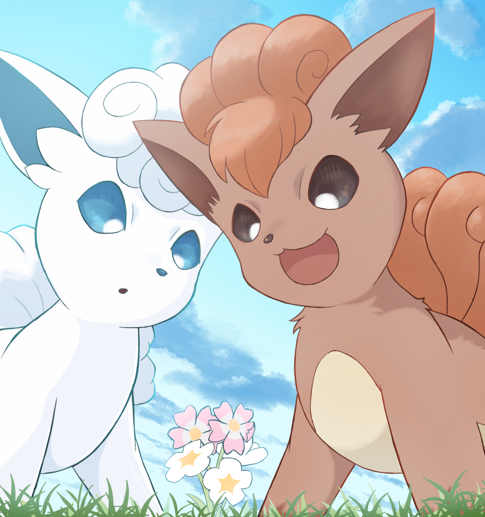 Safebooru - :d alolan vulpix clouds commentary request day flower from ...