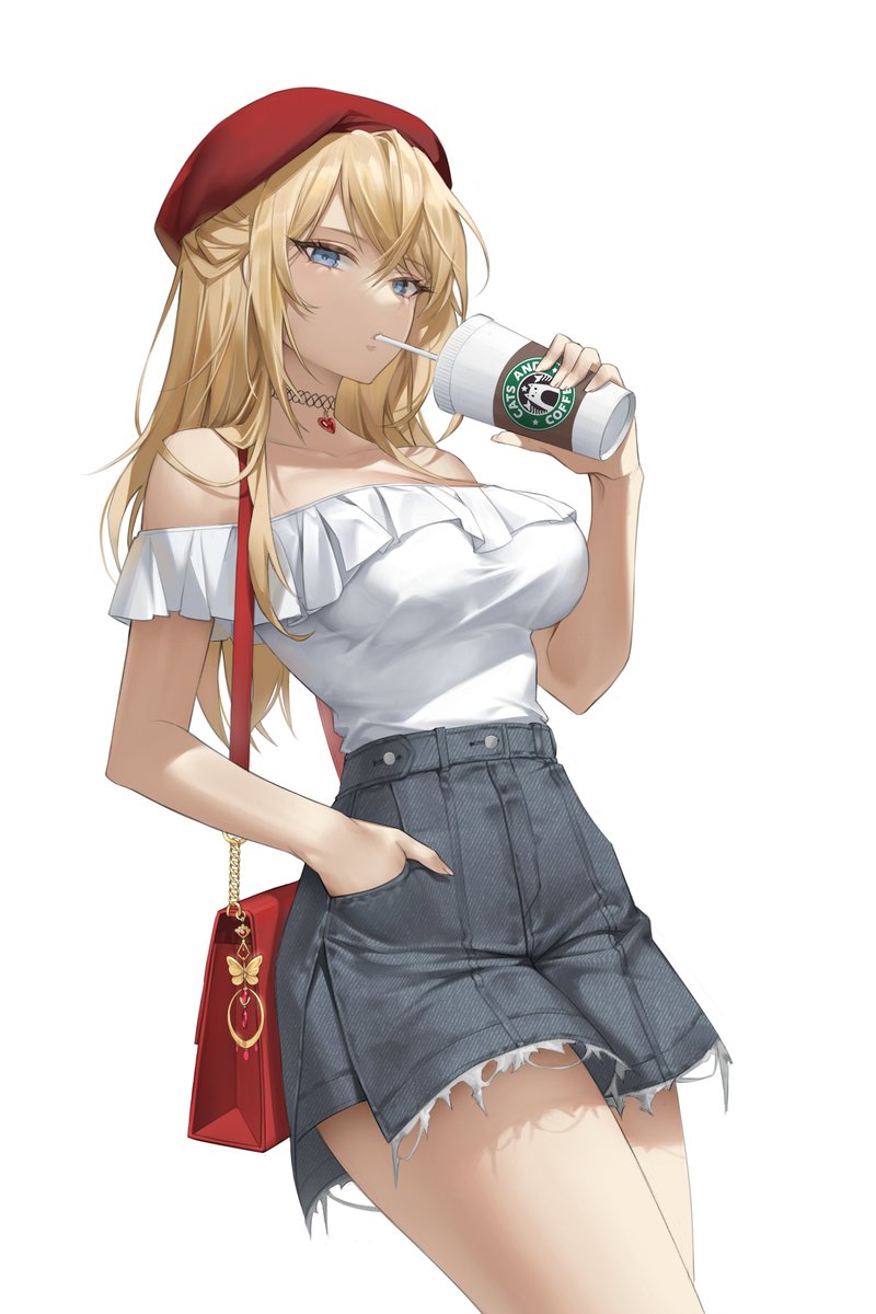 Safebooru - 1girl bag bangs bare shoulders blonde hair blue eyes breasts choker cup disposable ...