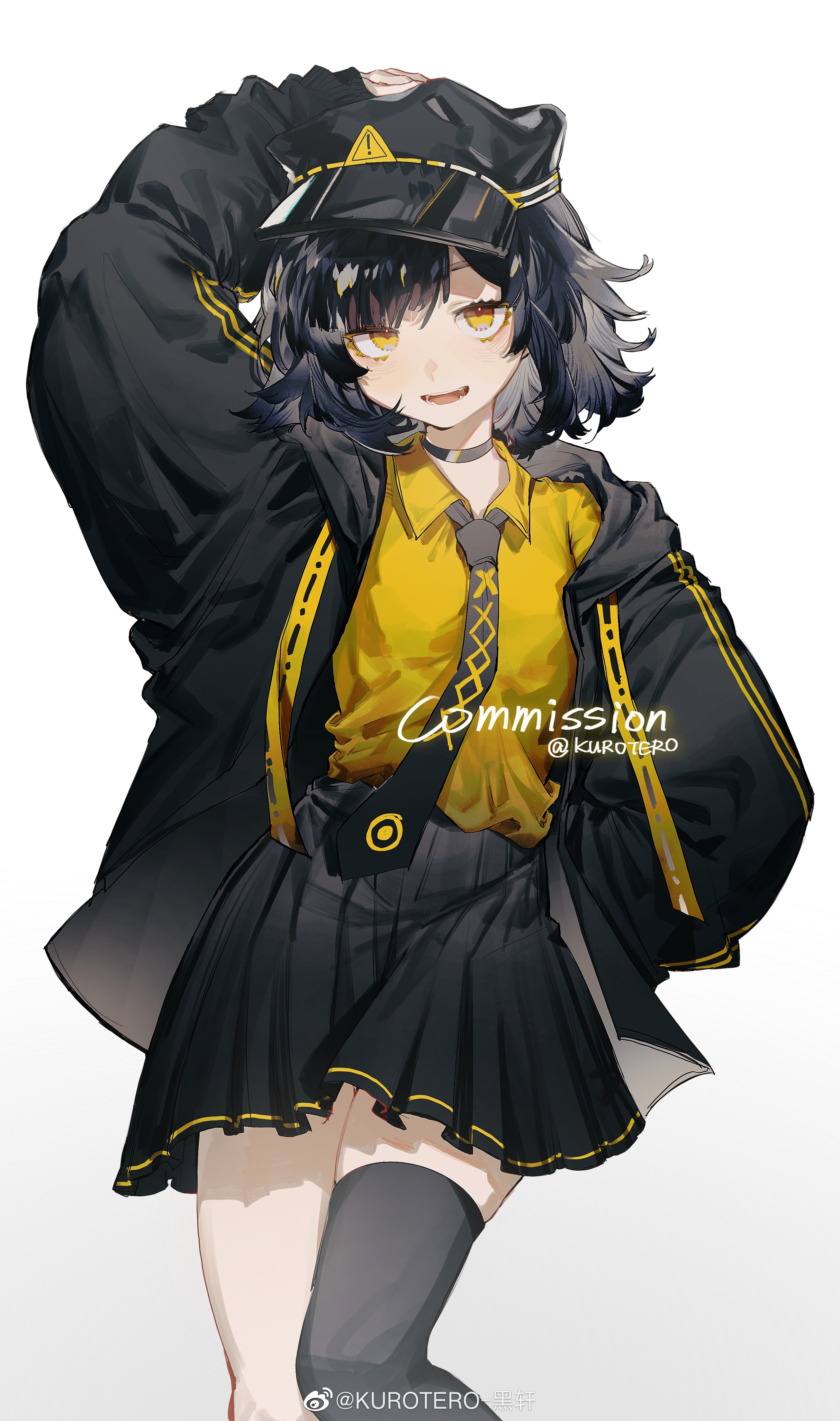 Safebooru - 1girl :d absurdres arm up asymmetrical bangs bangs black choker black hair black ...