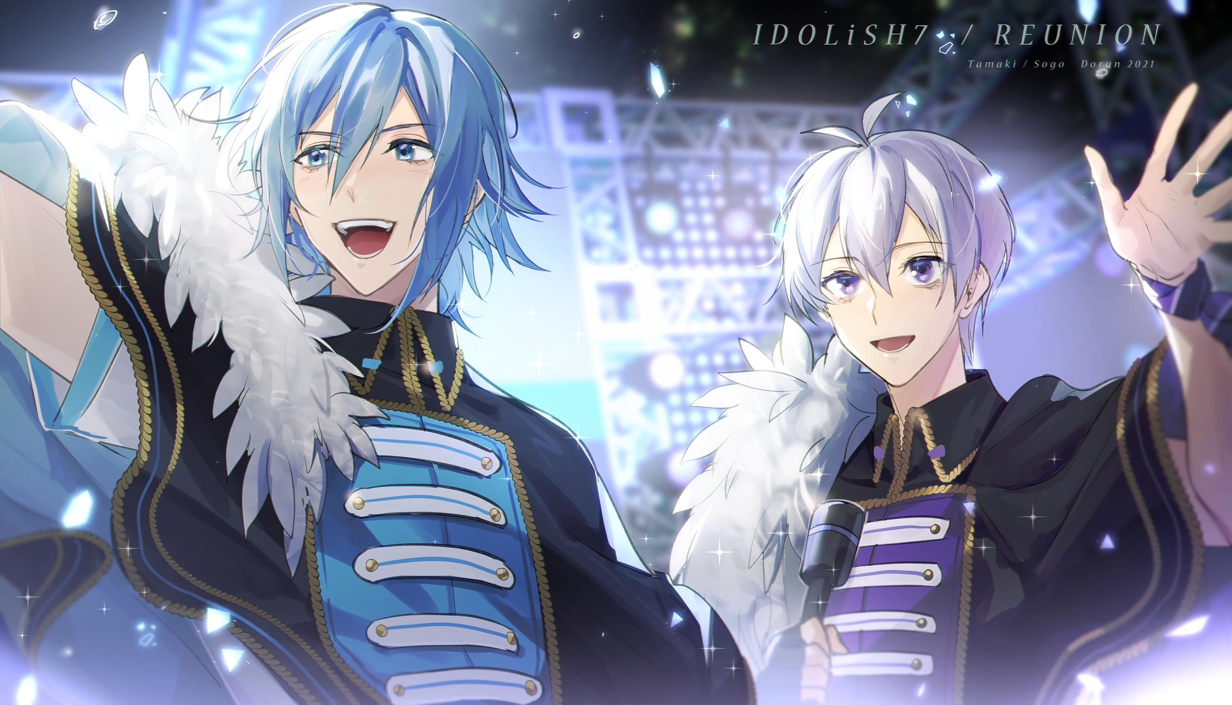 Safebooru - 2boys bishounen blue eyes blue hair doran (doran7280) highres idol idolish 7 looking ...
