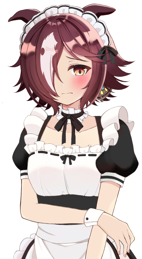 Safebooru - 1girl alternate costume animal ears apron bangs black dress blush brown hair closed ...