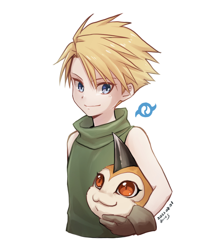 Safebooru - 1boy 1other :3 bare shoulders blonde hair blue eyes brown gloves digimon gloves ...
