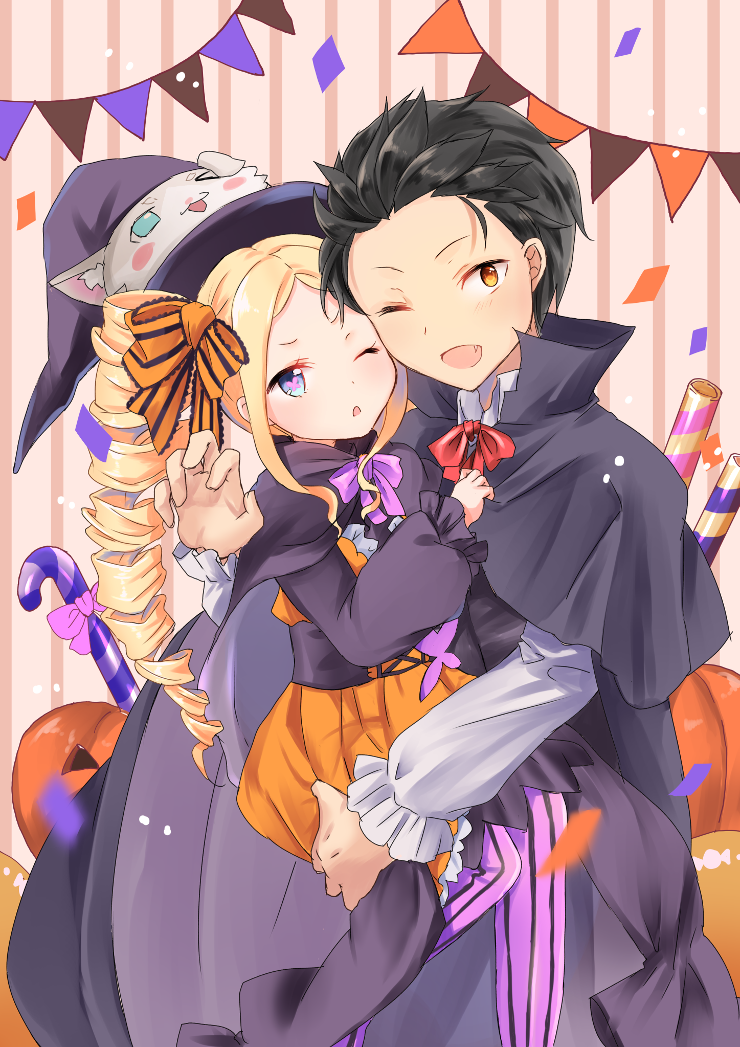 Safebooru - 1boy 1girl beatrice (re:zero) black cape black capelet black hair black vest blonde ...