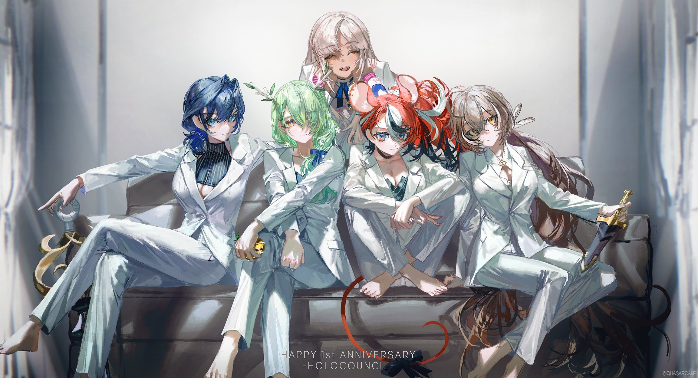 Safebooru - 5girls :d :o ahoge alternate costume animal ears antlers apple bangs black hair ...