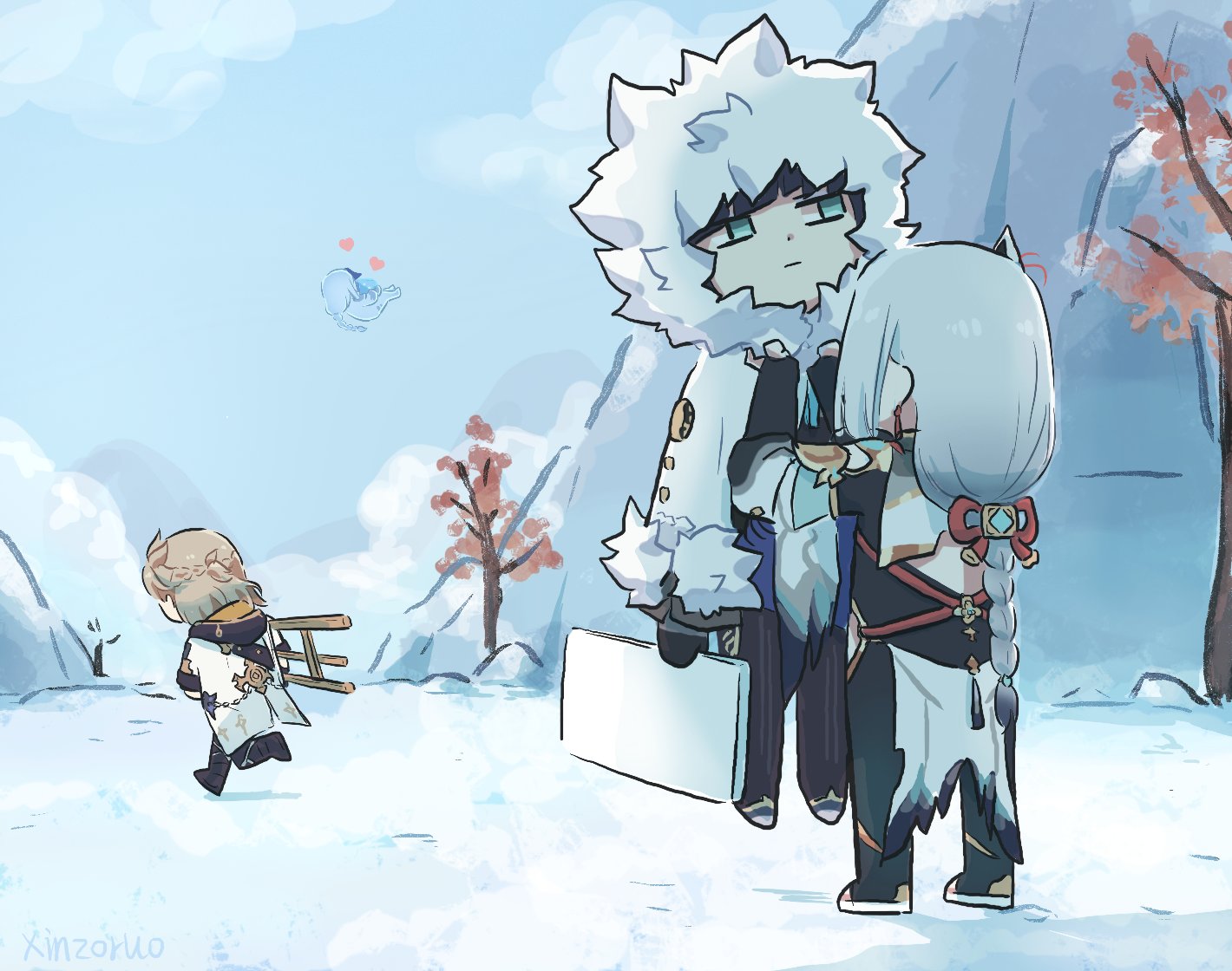 Safebooru - 1boy 2girls albedo (genshin impact) angry black hair blonde ...